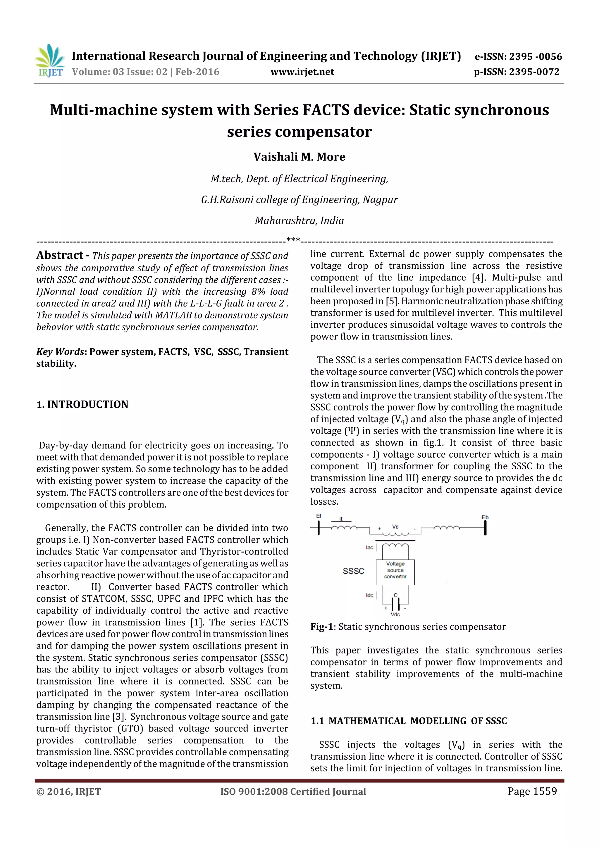 Multi Machine System With Series Facts Device Static Synchronous Series Compensator Pdf
