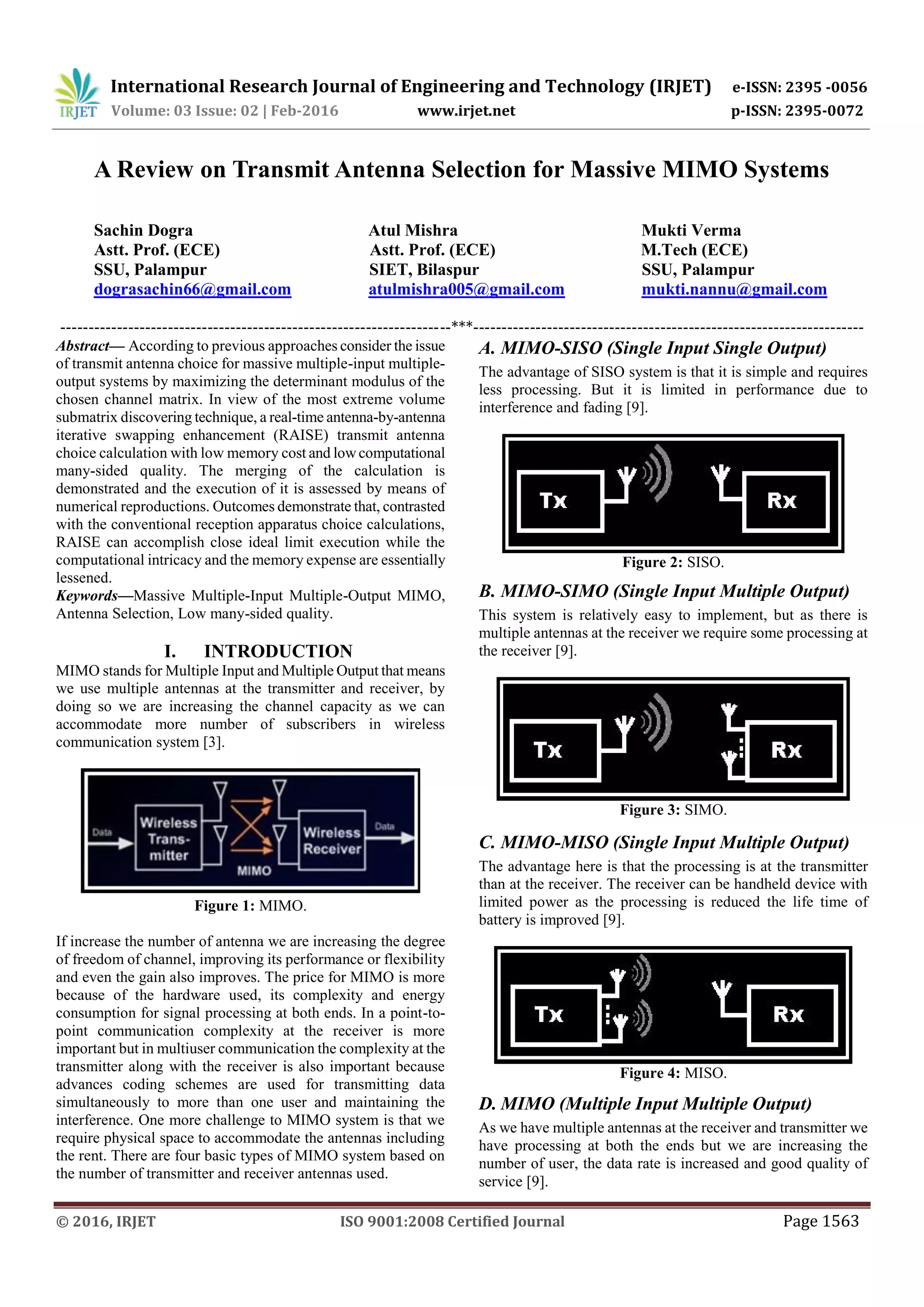 A Review on Transmit Antenna Selection for Massive MIMO Systems | PDF