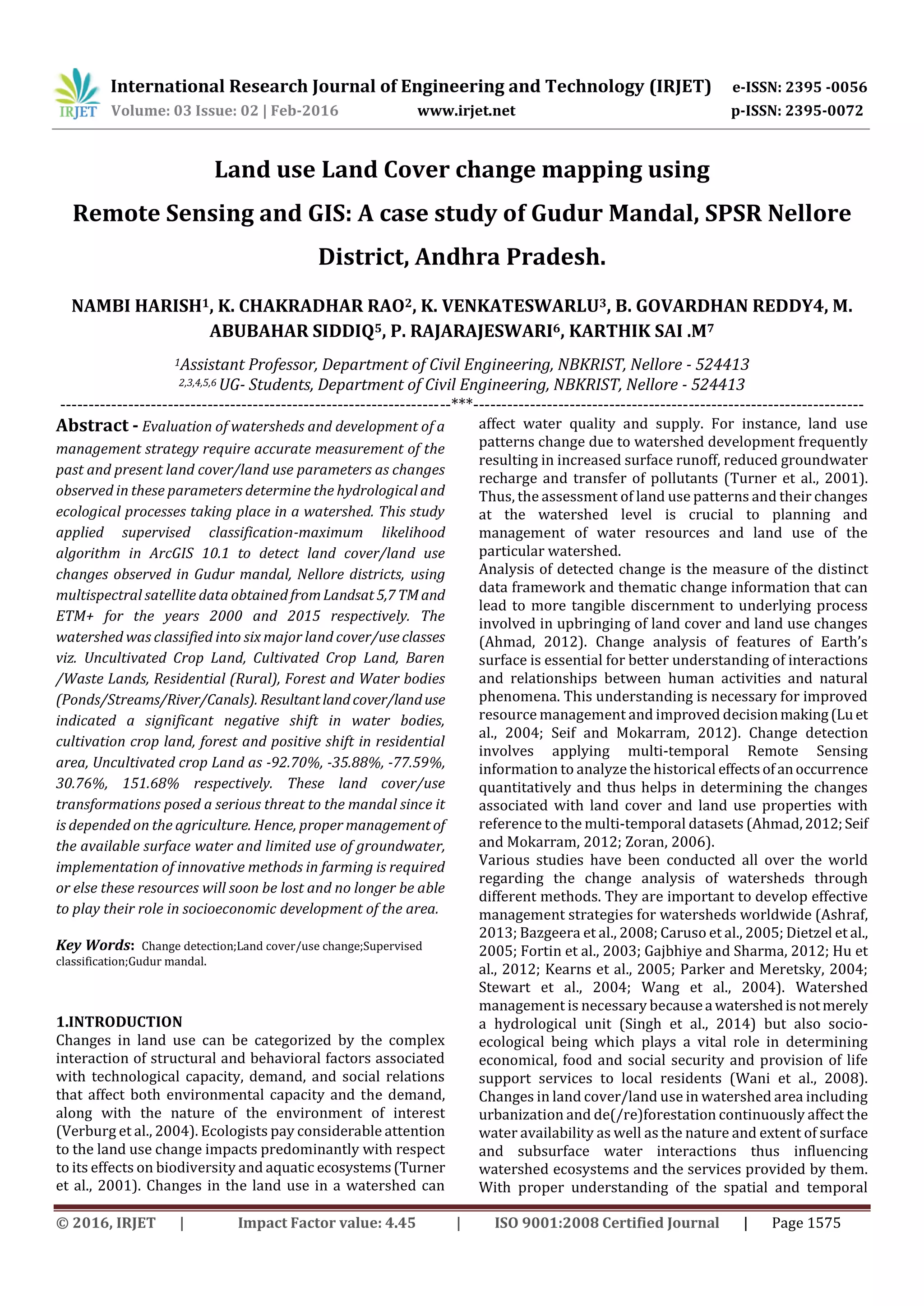 Land use Land Cover change mapping using Remote Sensing and GIS: A case study of Gudur Mandal ...