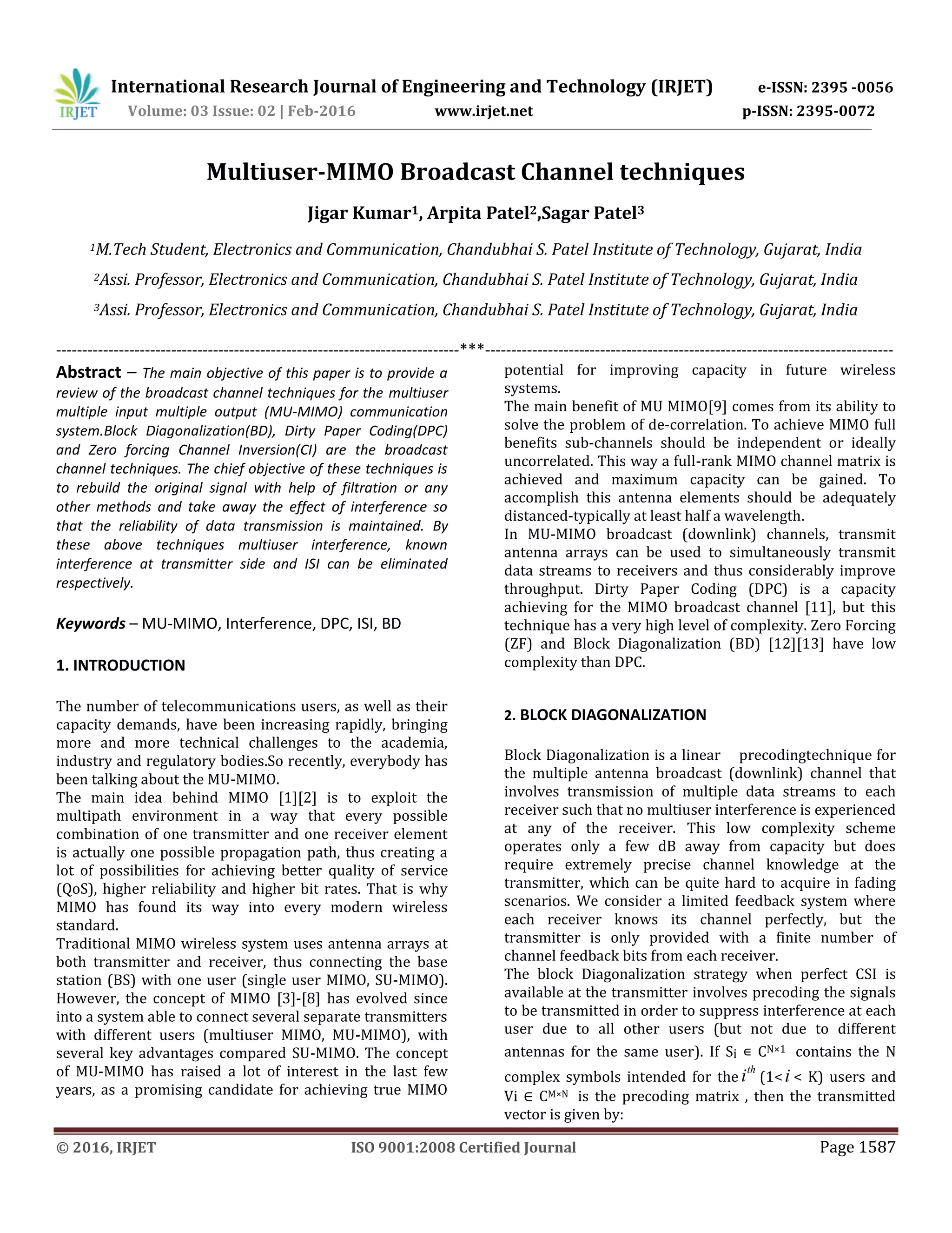 Multi user-MIMO Broadcast Channel techniques | PDF