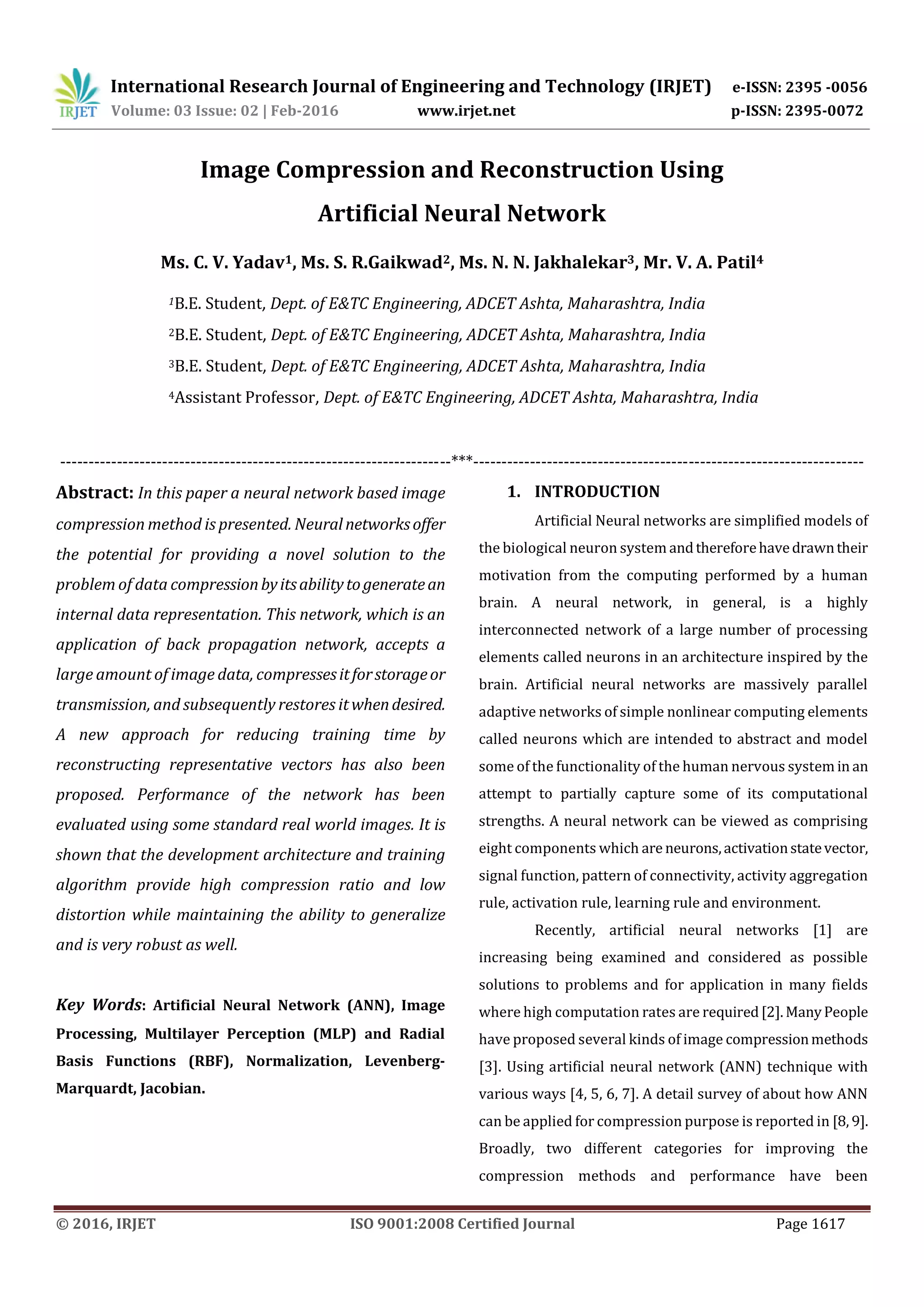 Image Compression and Reconstruction Using Artificial Neural Network | PDF