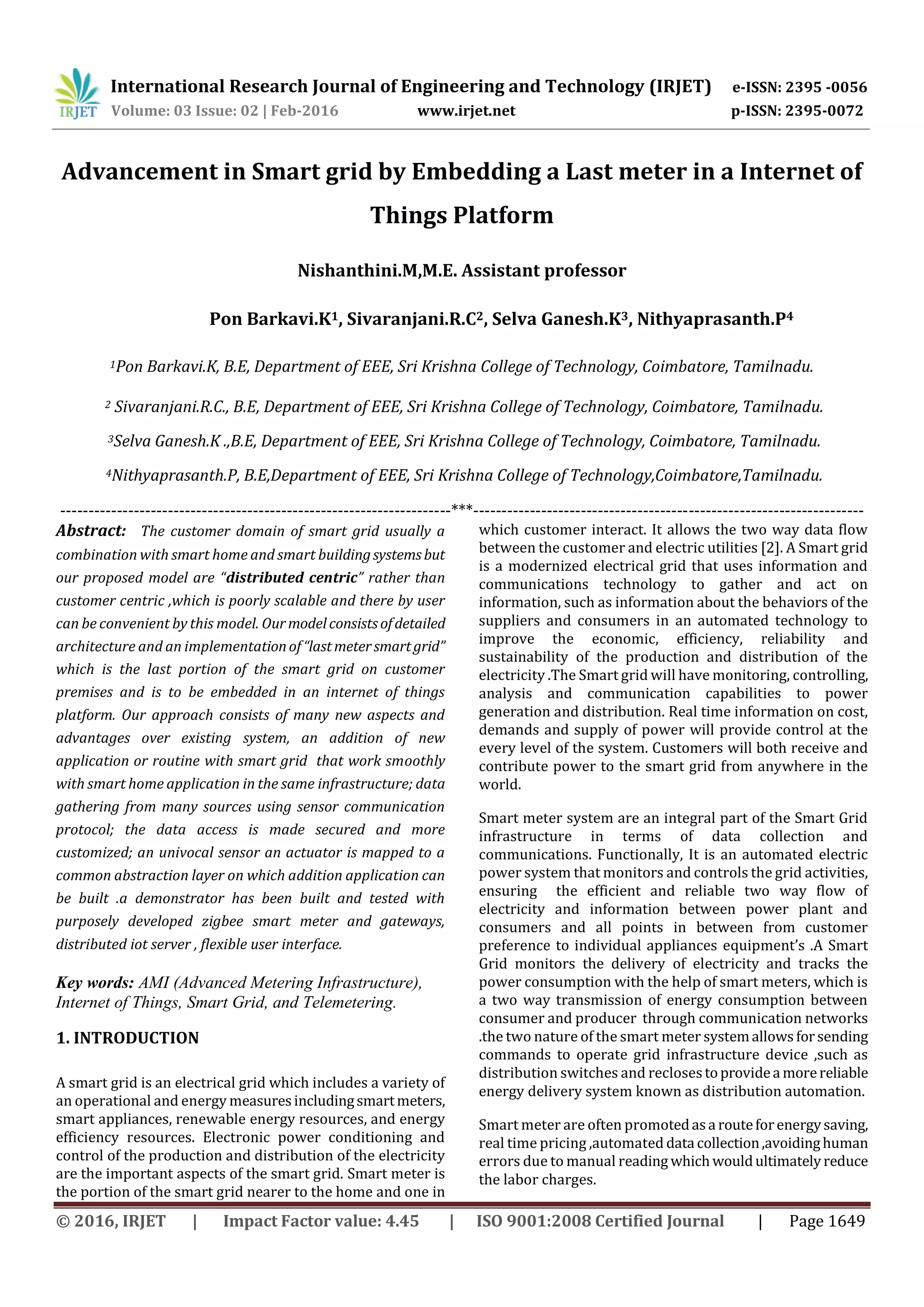 Advancement in Smart grid by Embedding a Last meter in a Internet of ...
