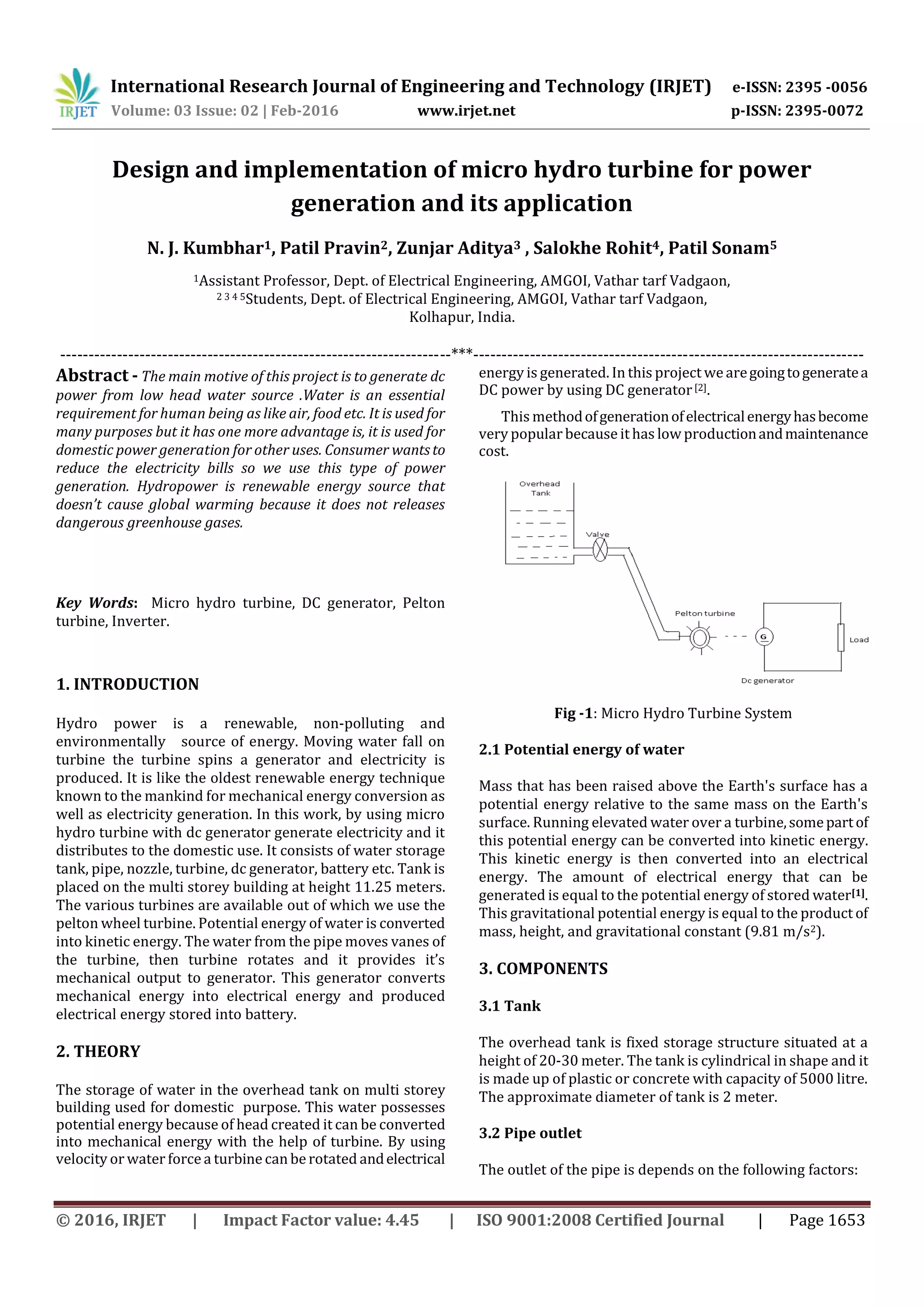 Design and implementation of micro hydro turbine for power generation ...