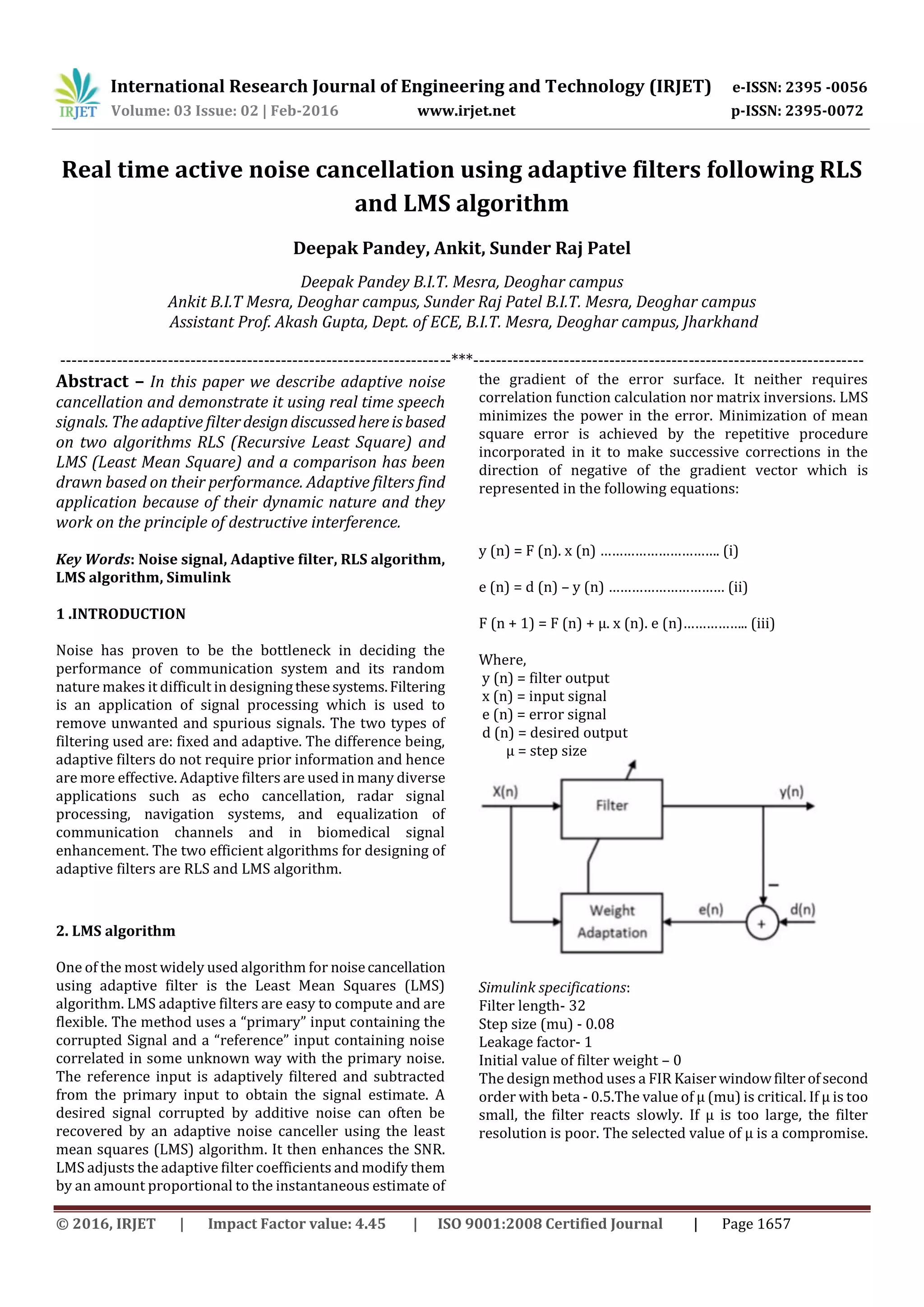 Real time active noise cancellation using adaptive filters following RLS and LMS algorithm | PDF