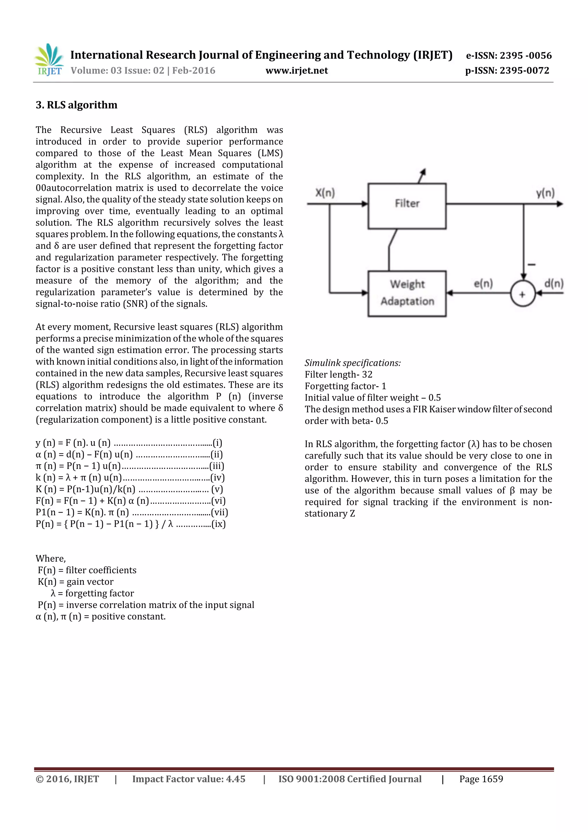 Real time active noise cancellation using adaptive filters following RLS and LMS algorithm | PDF