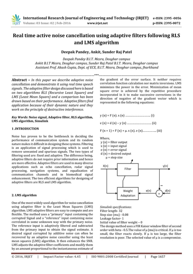 Real Time Active Noise Cancellation Using Adaptive Filters Following Rls And Lms Algorithm Pdf