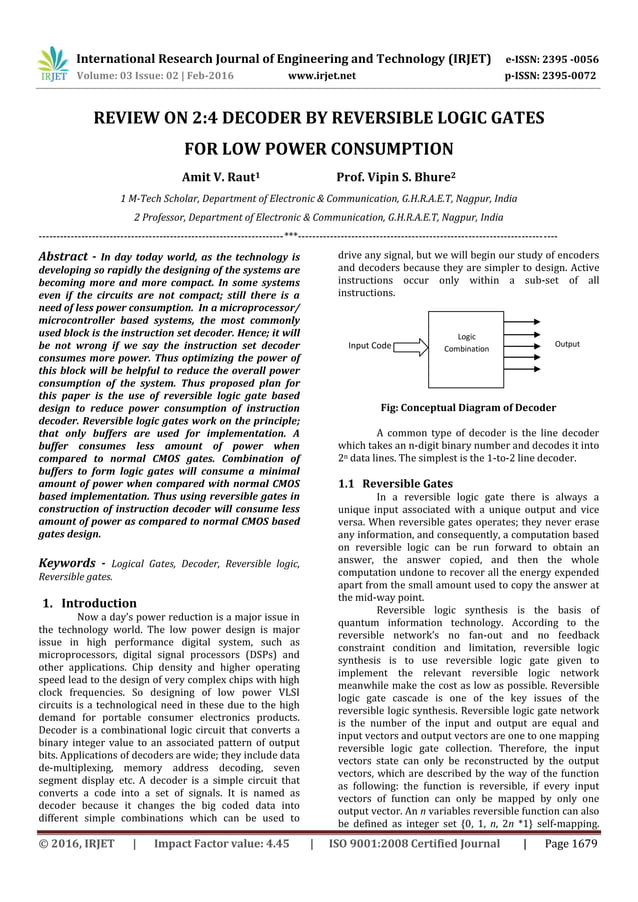 Review On 2:4 Decoder By Reversible Logic Gates For Low Power ...