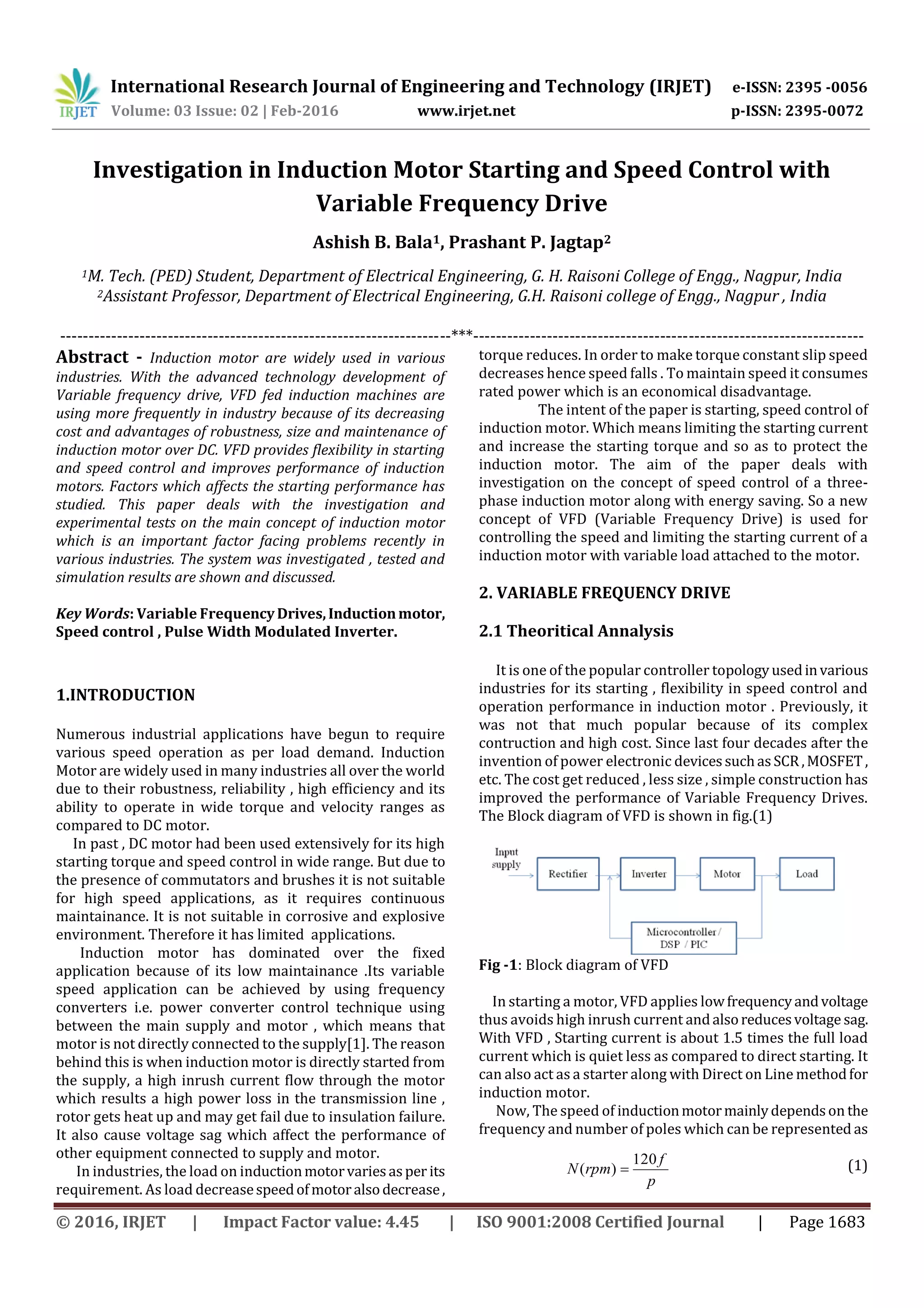 Investigation in Induction Motor Starting and Speed Control with Variable Frequency Drive | PDF