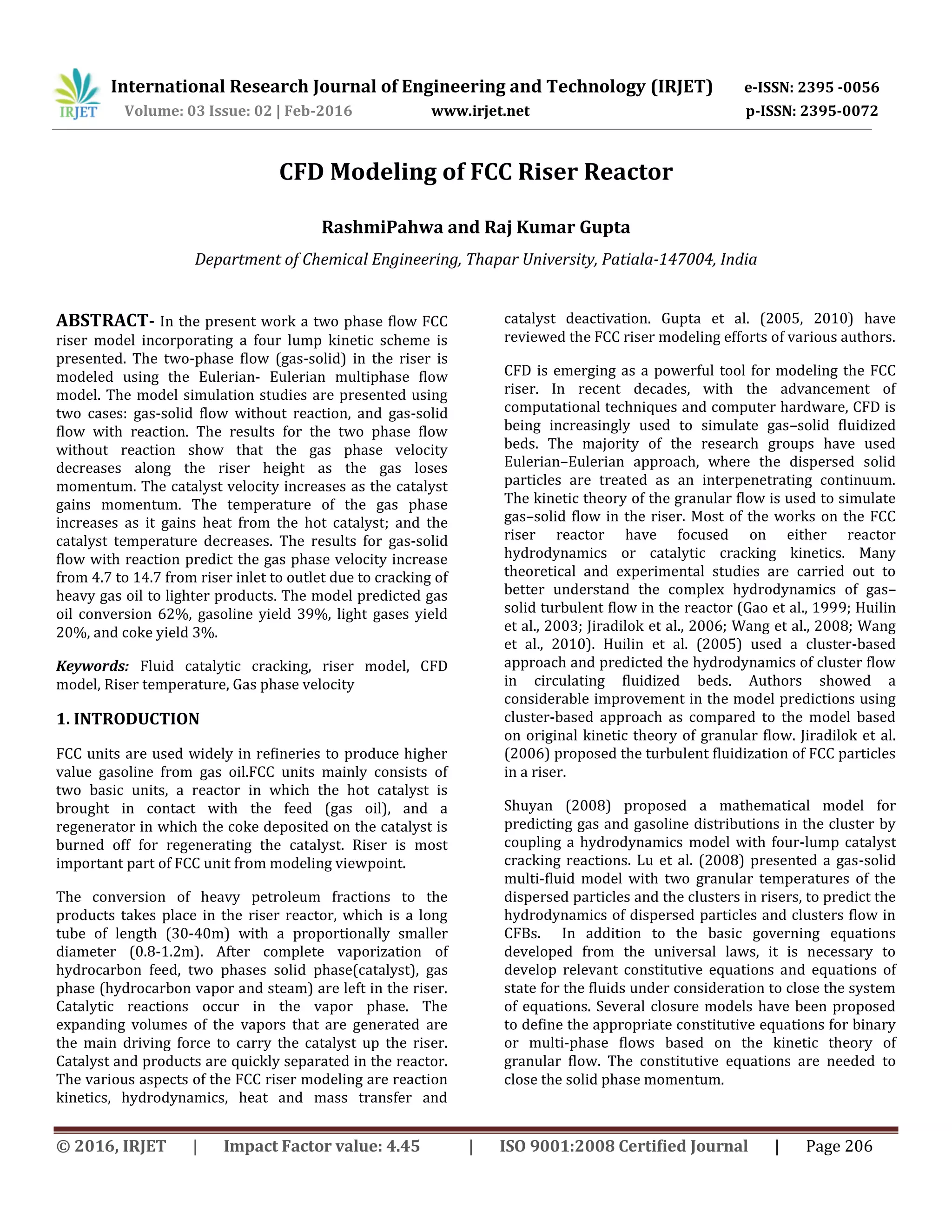 CFD Modeling of FCC Riser Reactor | PDF