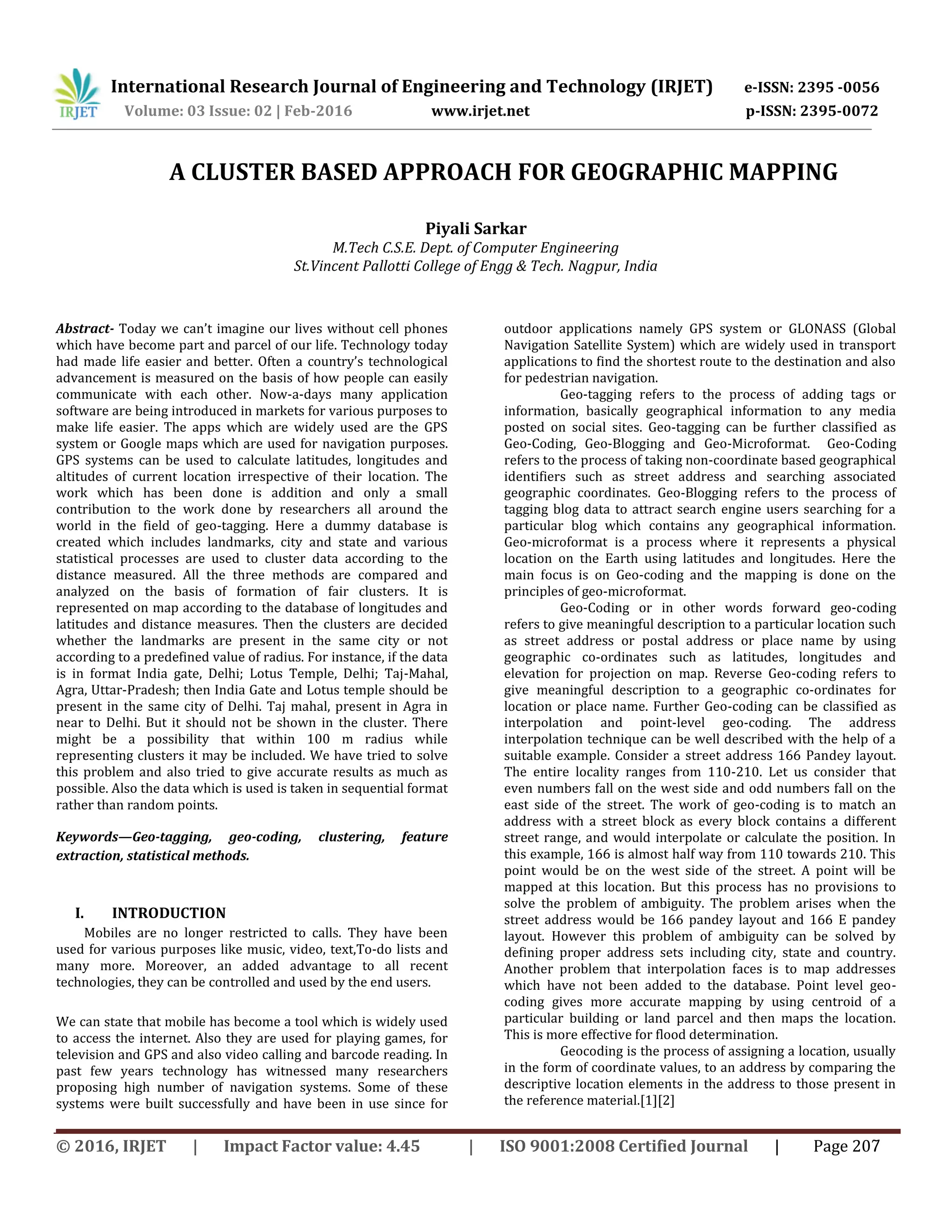 A Cluster Based Approach for Geographic Mapping | PDF