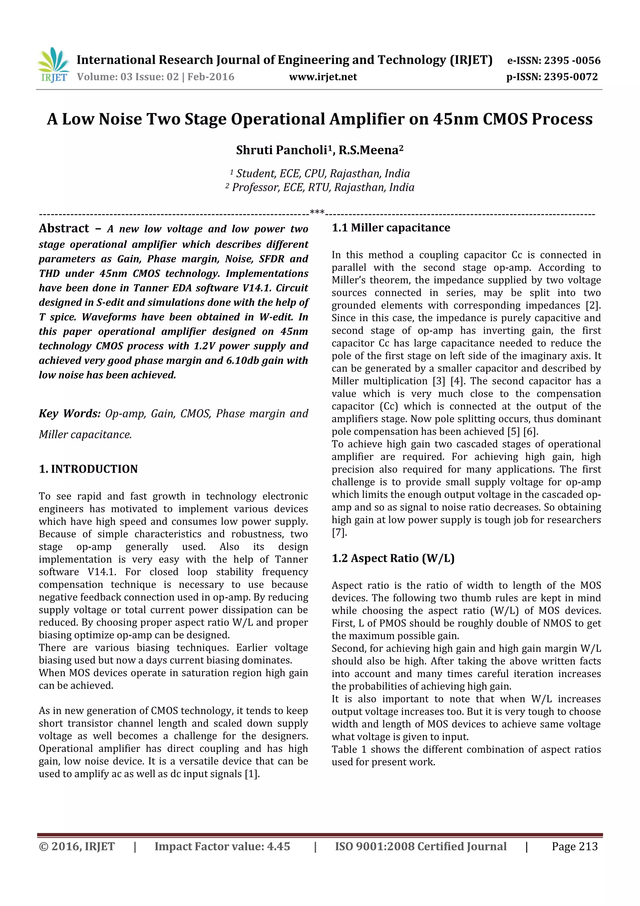 A Low Noise Two Stage Operational Amplifier on 45nm CMOS Process | PDF