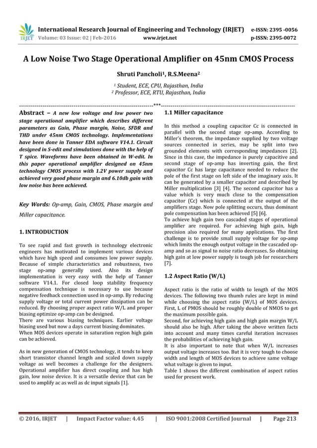 A Low Noise Two Stage Operational Amplifier on 45nm CMOS Process | PDF ...