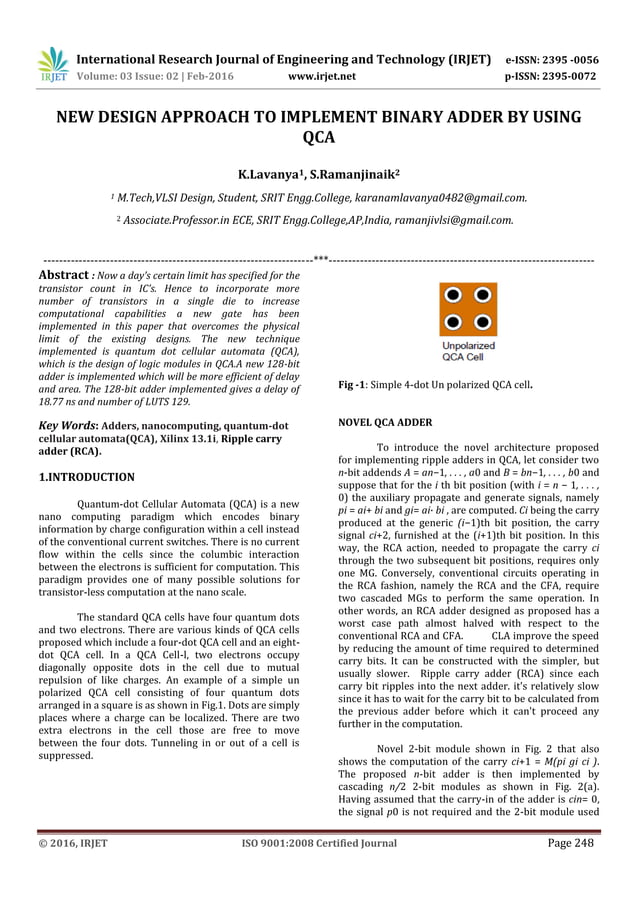 New Design Approach to Implement Binary Adder by Using QCA | PDF | Computer Peripherals | Computing