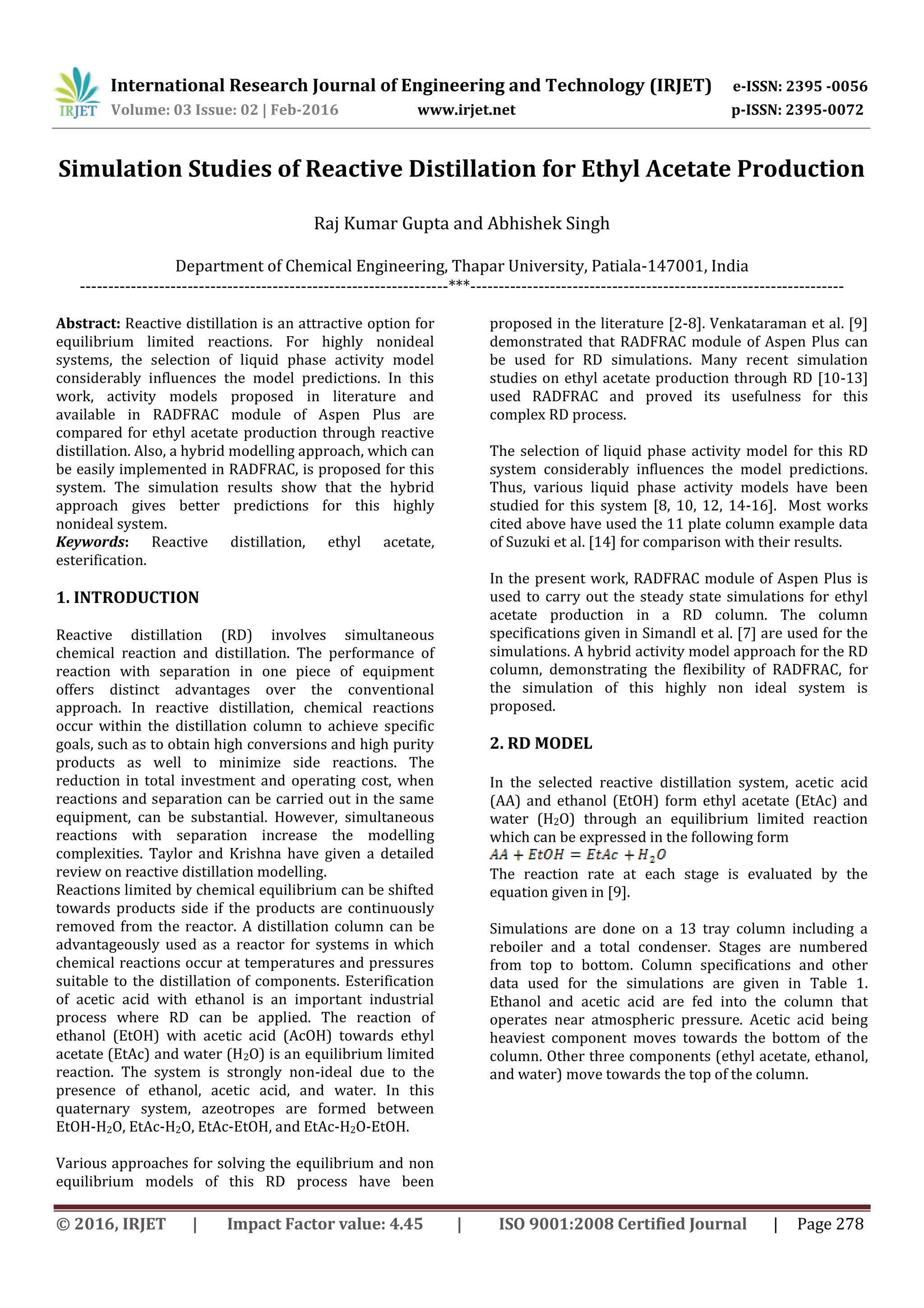 Simulation Studies of Reactive Distillation for Ethyl Acetate Production | PDF
