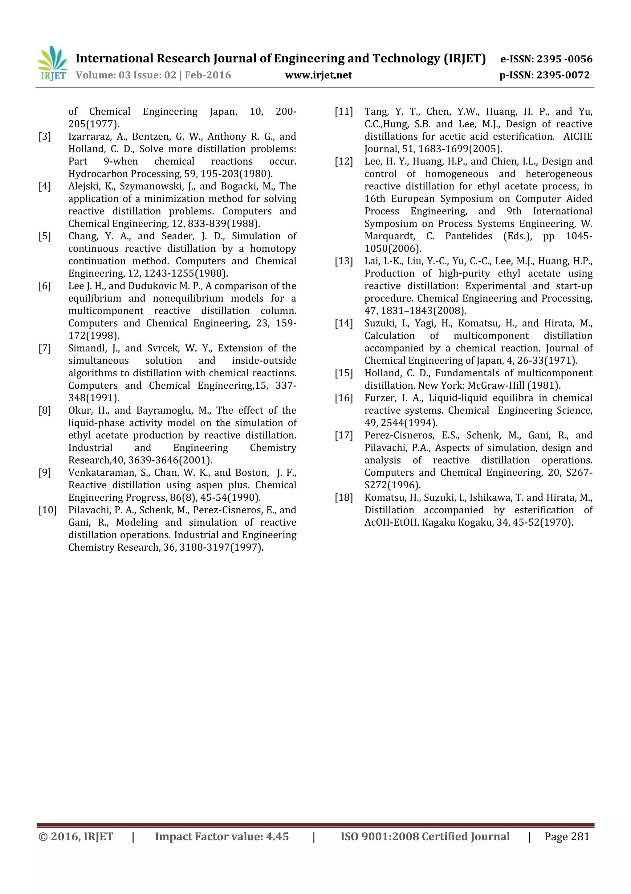 Simulation Studies of Reactive Distillation for Ethyl Acetate Production | PDF