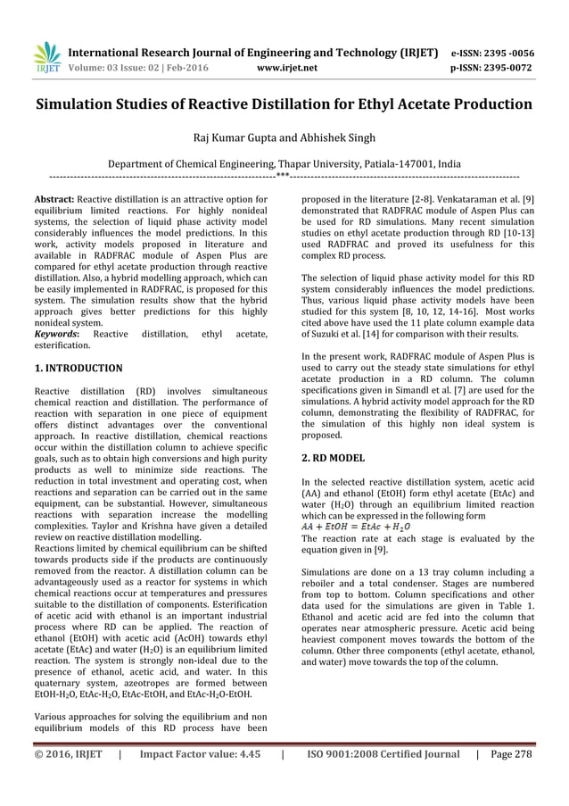 Simulation Studies of Reactive Distillation for Ethyl Acetate Production | PDF