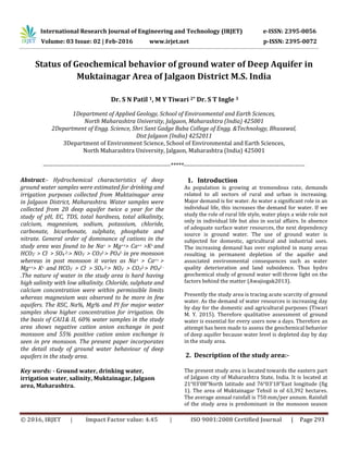 Status of Geochemical behavior of ground water of Deep Aquifer in Muktainagar Area of Jalgaon ...
