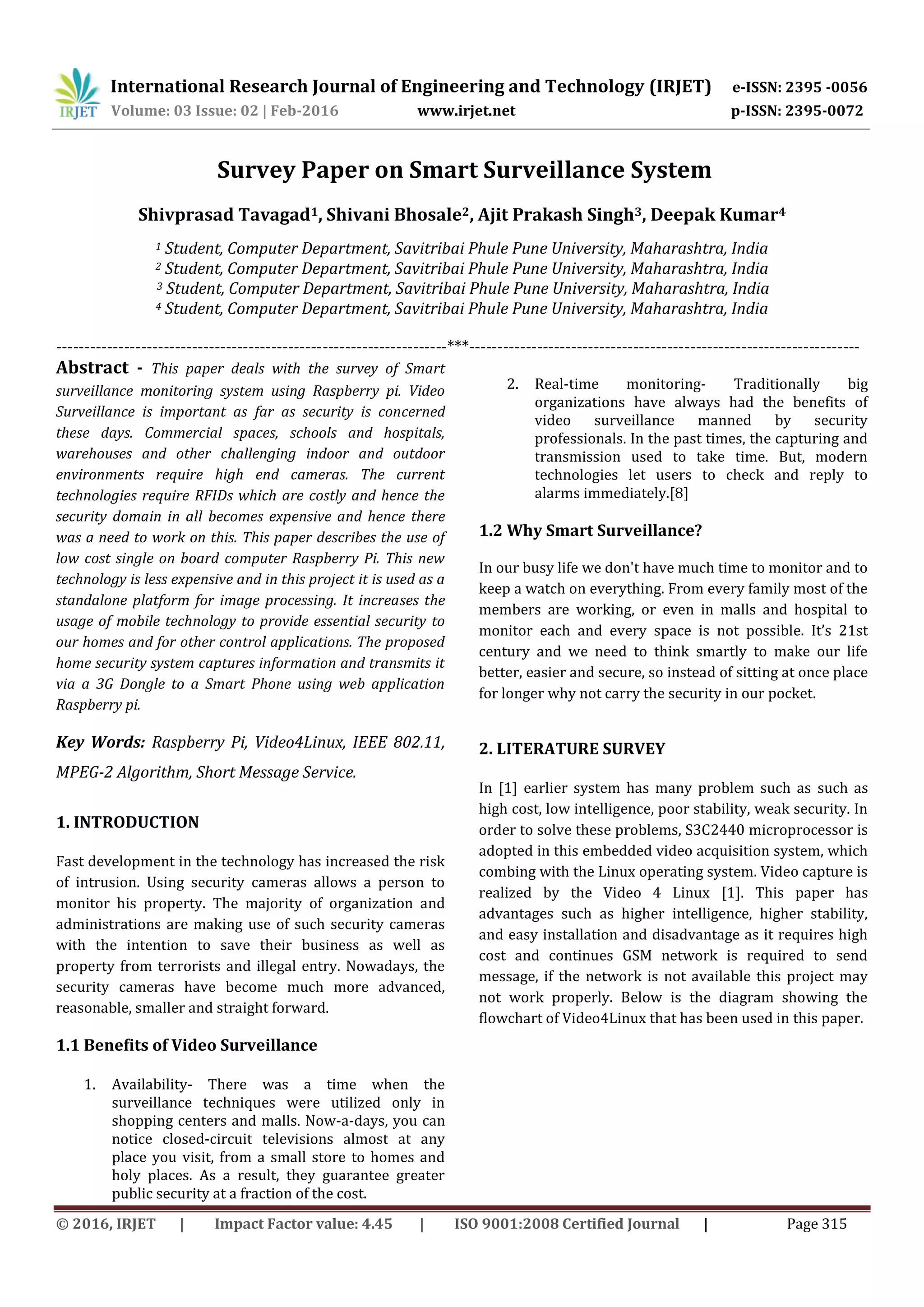 Survey Paper on Smart Surveillance System | PDF