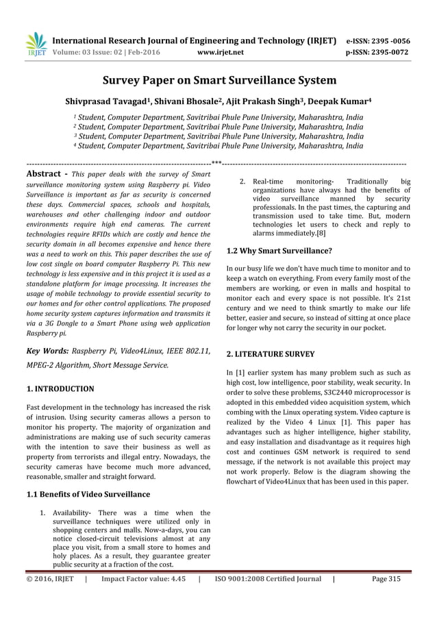 Survey Paper on Smart Surveillance System | PDF