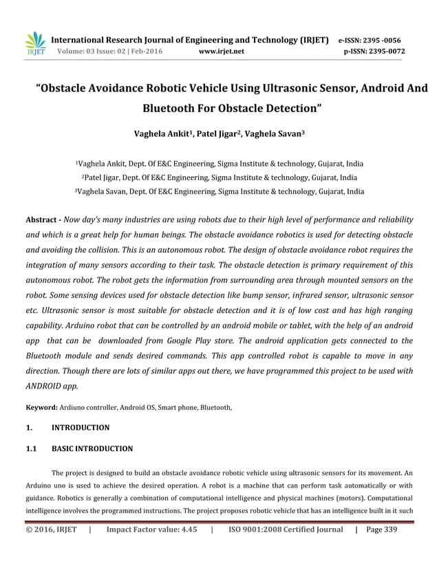 Obstacle Avoidance Robotic Vehicle Using Ultrasonic Sensor Android And