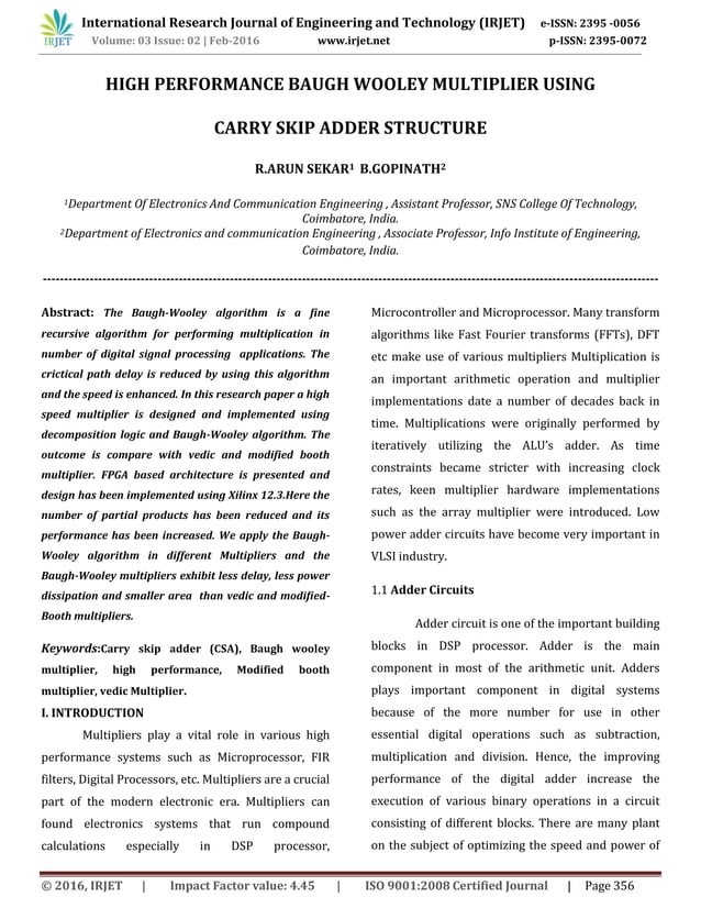 High Performance Baugh Wooley Multiplier Using Carry Skip Adder ...