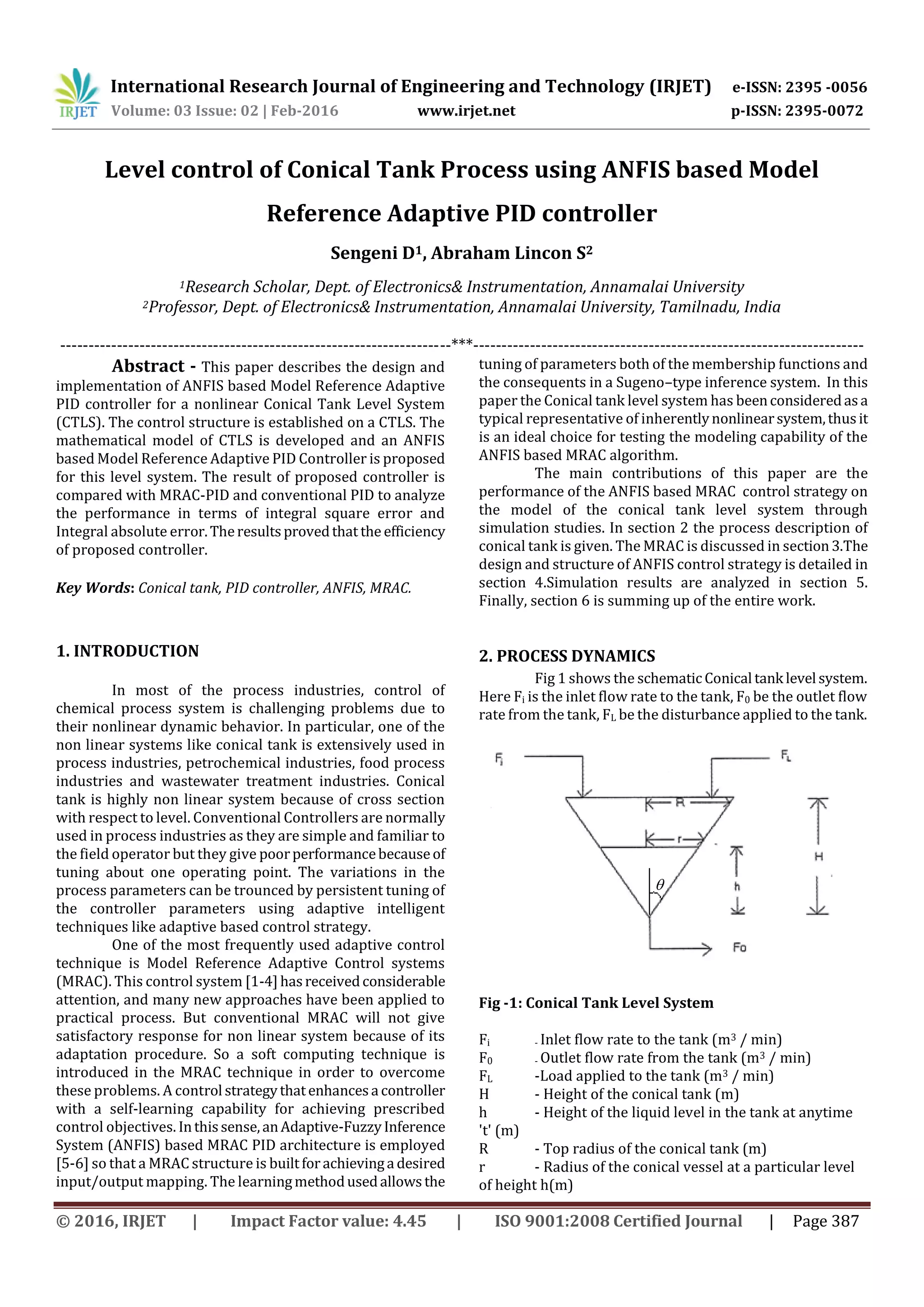 Level control of Conical Tank Process using ANFIS based Model Reference Adaptive PID controller ...