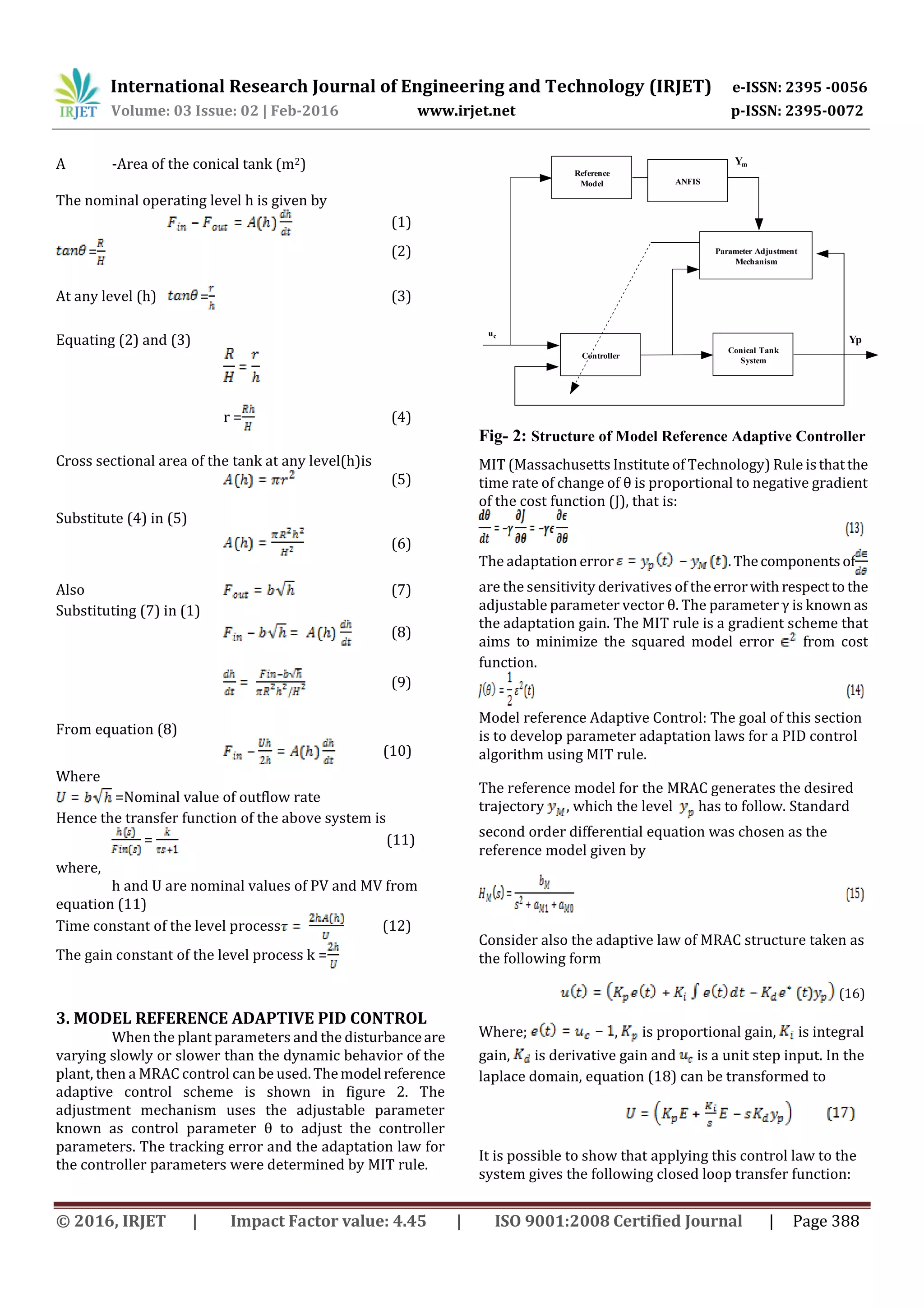 Level control of Conical Tank Process using ANFIS based Model Reference Adaptive PID controller ...