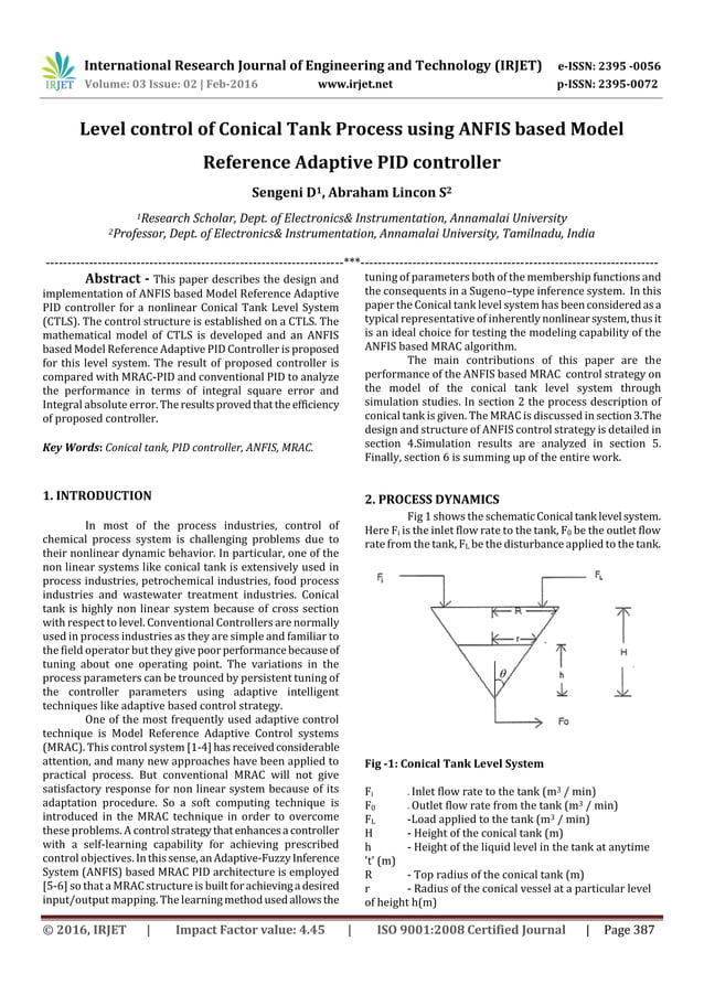 Level control of Conical Tank Process using ANFIS based Model Reference Adaptive PID controller ...