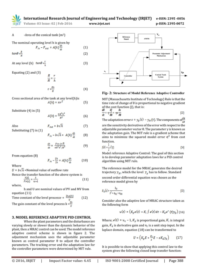 Level control of Conical Tank Process using ANFIS based Model Reference Adaptive PID controller ...