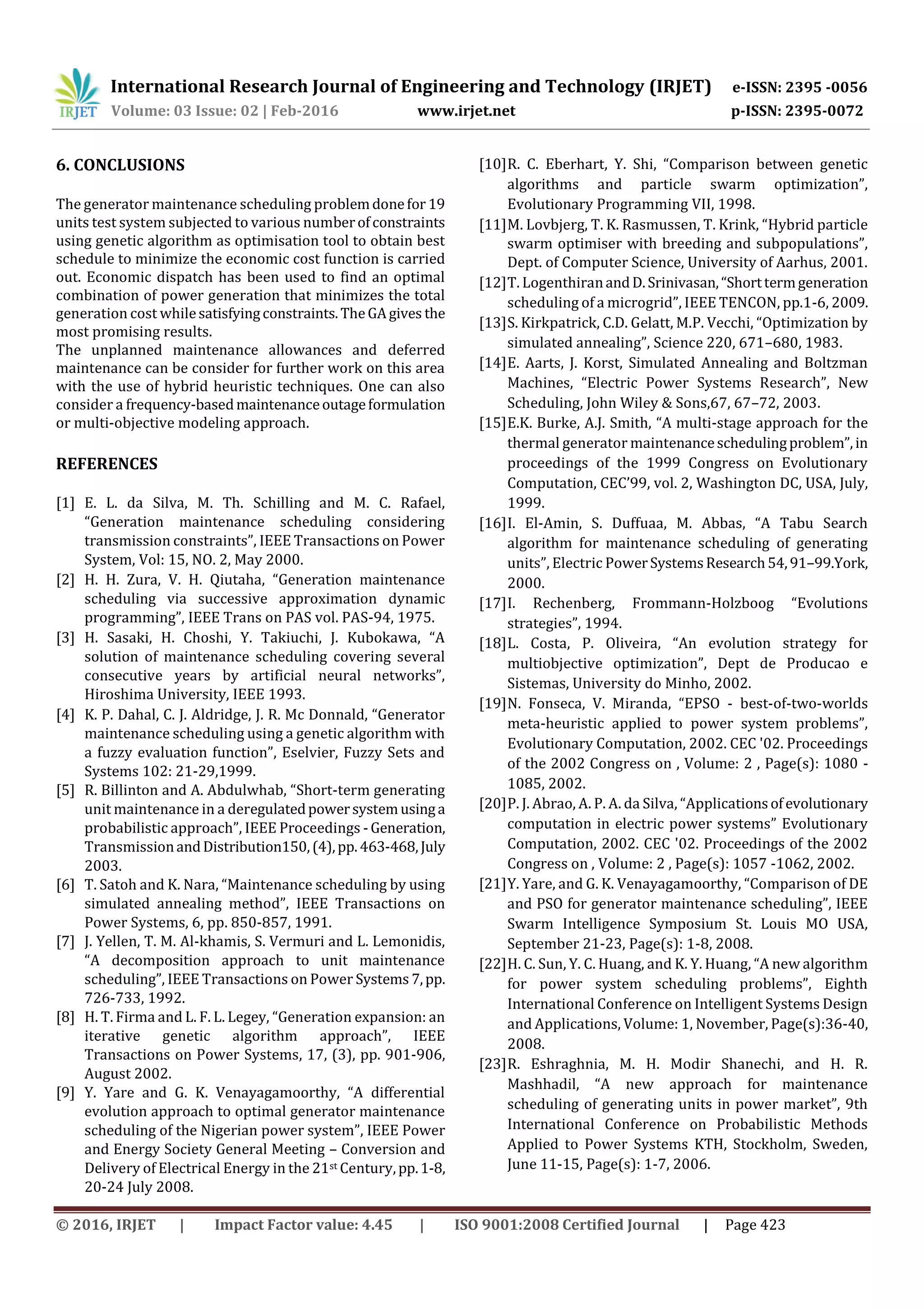 Generator Maintenance Scheduling Of Power System Using Hybrid Technique Pdf