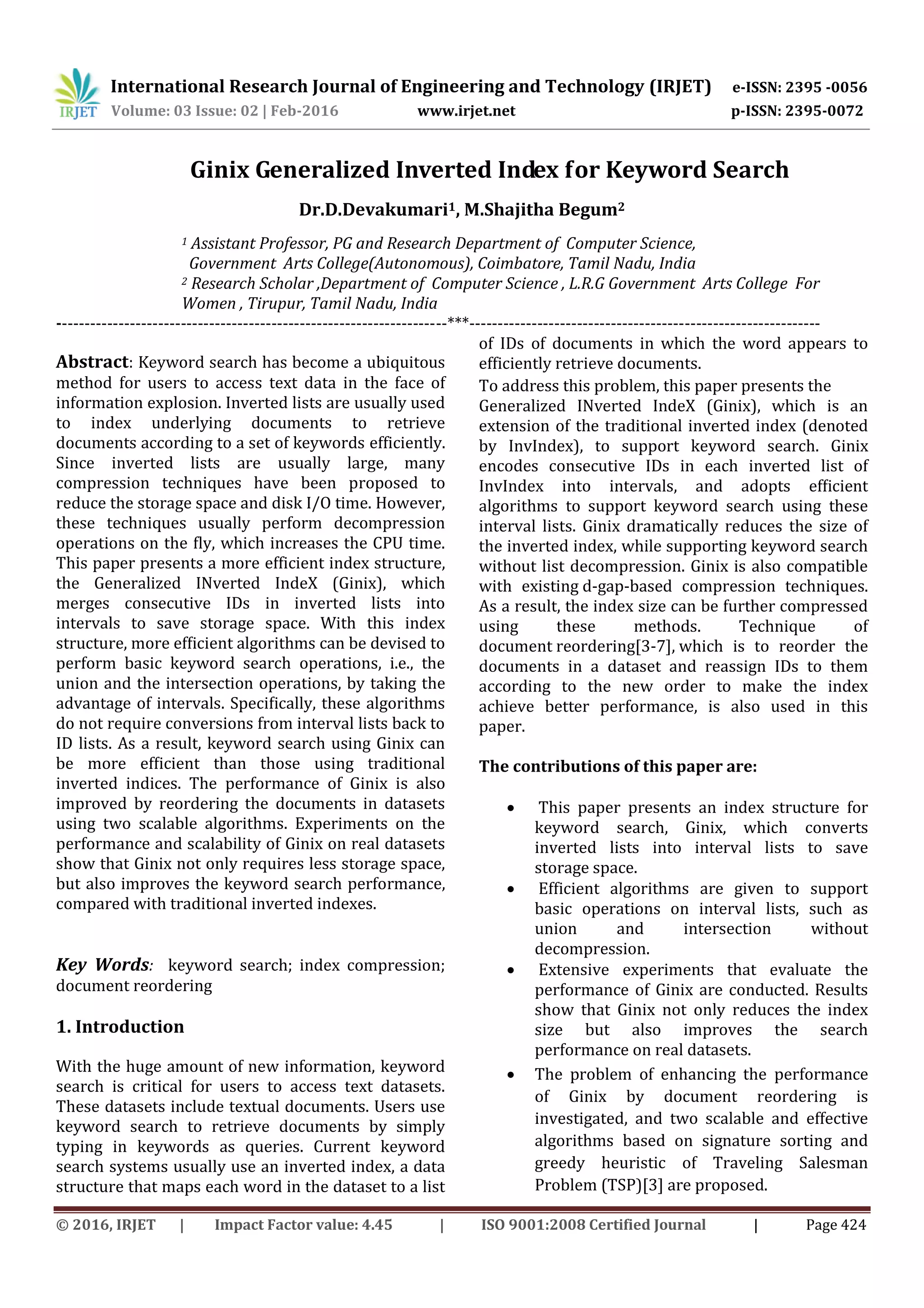 Ginix Generalized Inverted Index for Keyword Search | PDF