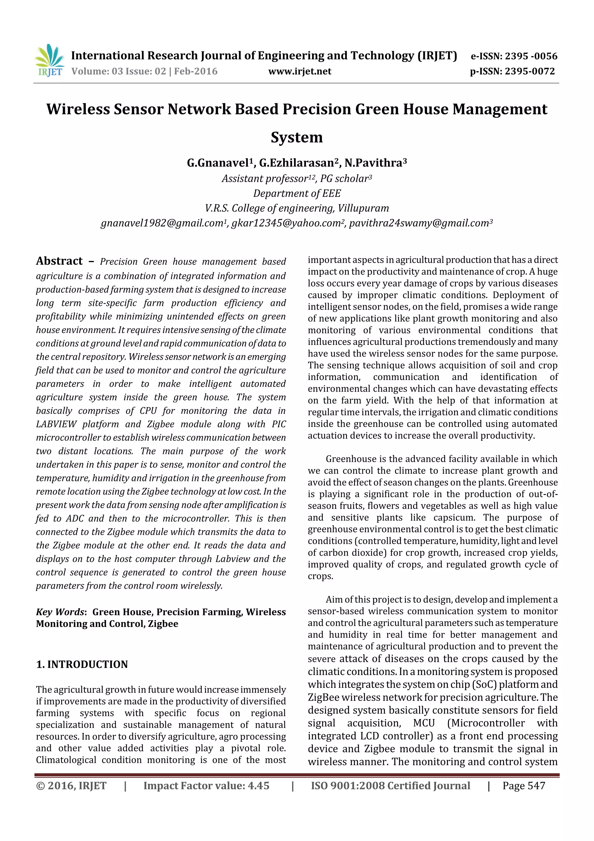 Wireless Sensor Network Based Precision Green House Management System | PDF | Gardening | Home ...