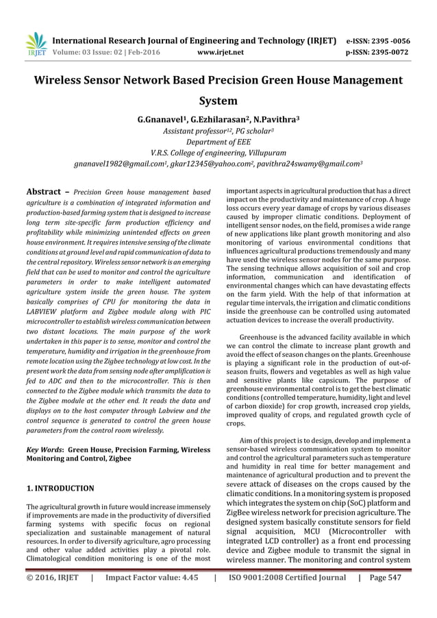 Wireless Sensor Network Based Precision Green House Management System | PDF | Gardening | Home ...