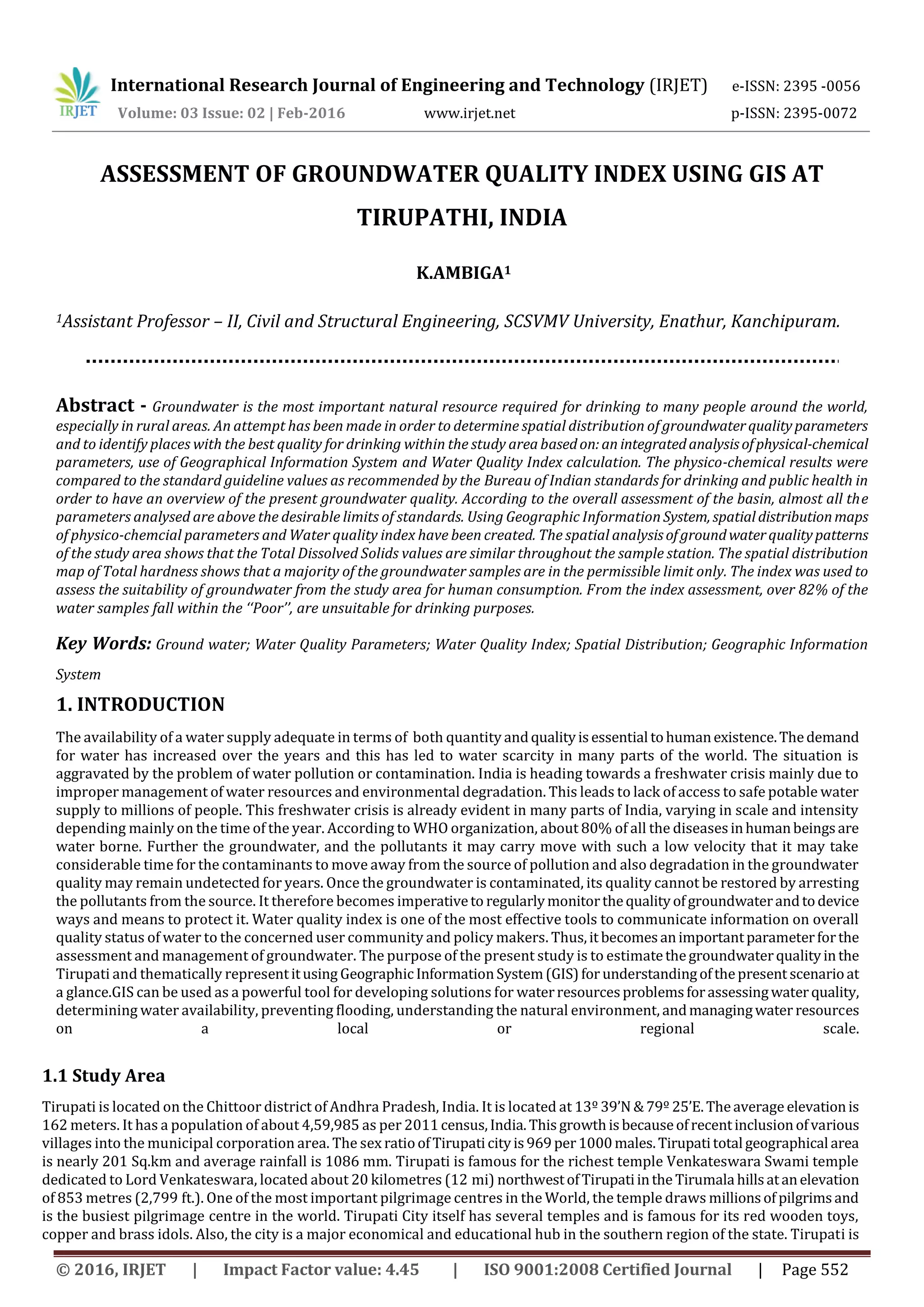 Assessment of Groundwater Quality Index Using GIS at Tirupathi, India | PDF