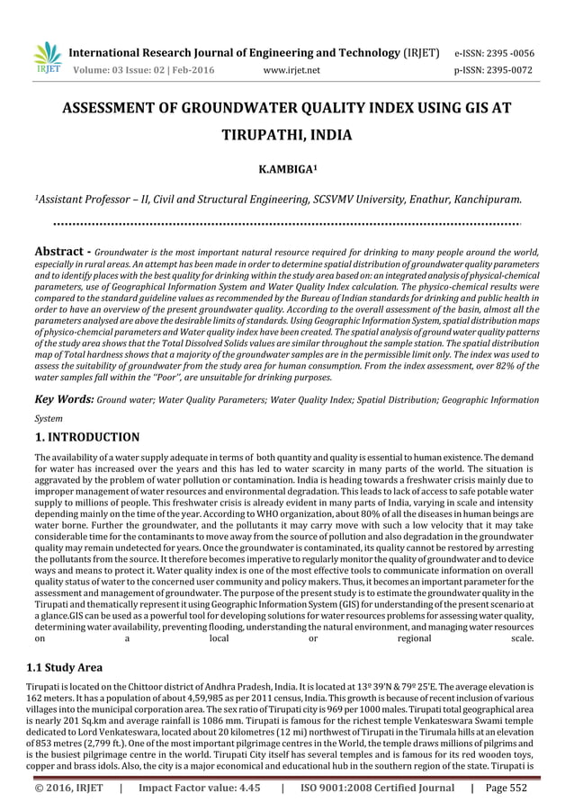 Assessment of Groundwater Quality Index Using GIS at Tirupathi, India | PDF