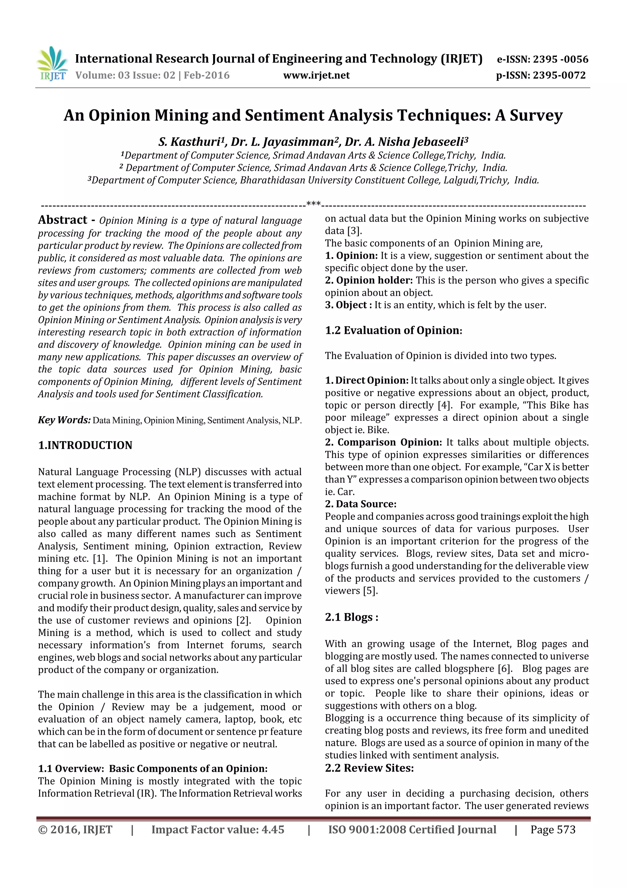 An Opinion Mining and Sentiment Analysis Techniques: A Survey | PDF