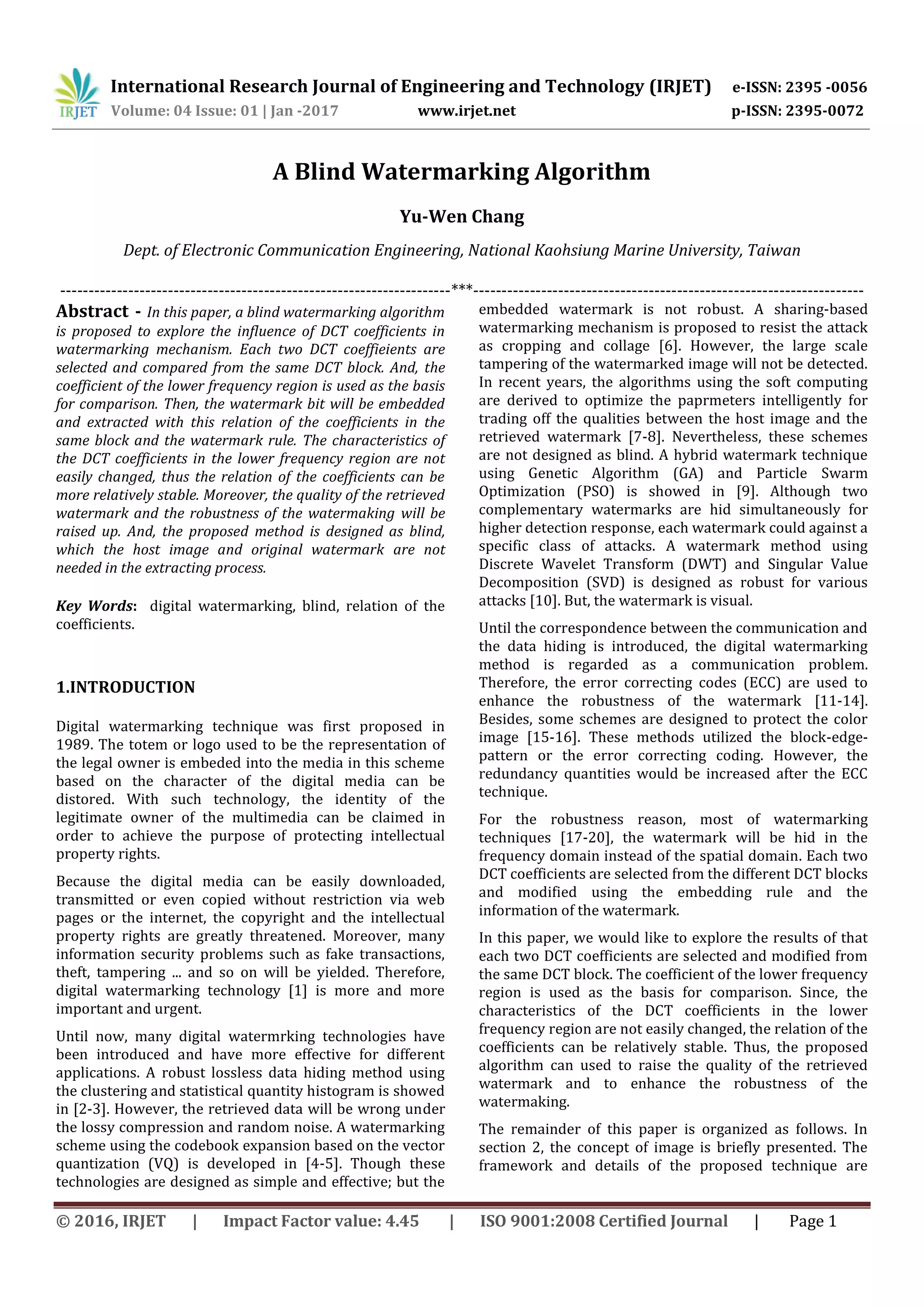 IRJET-A Blind Watermarking Algorithm | PDF