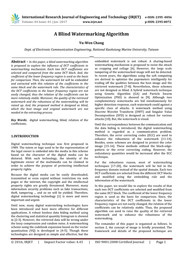 IRJET-A Blind Watermarking Algorithm | PDF