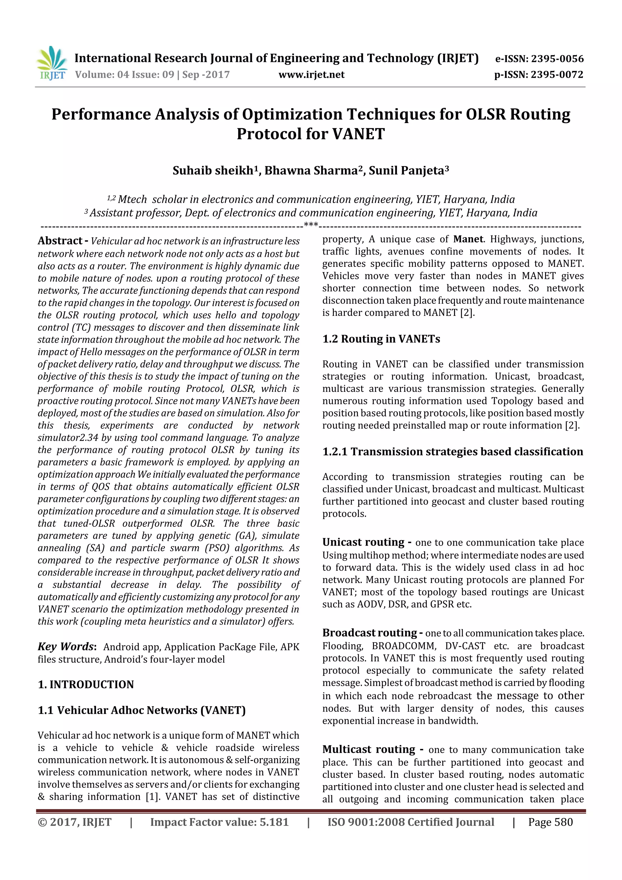 Performance Analysis of Optimization Techniques for OLSR Routing Protocol for VANET | PDF