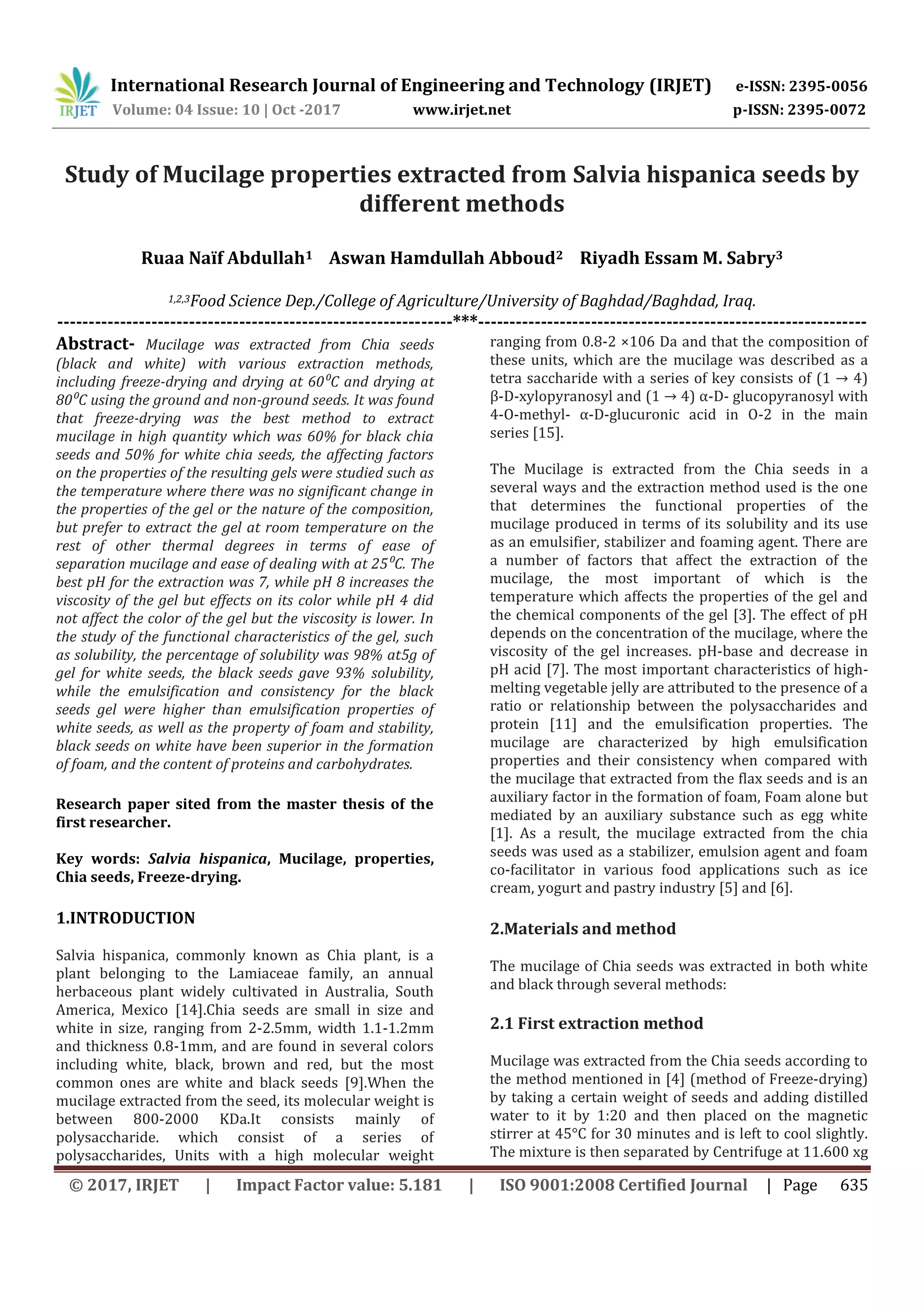 Study of Mucilage Properties Extracted from Salvia Hispanica Seeds by Different Methods | PDF