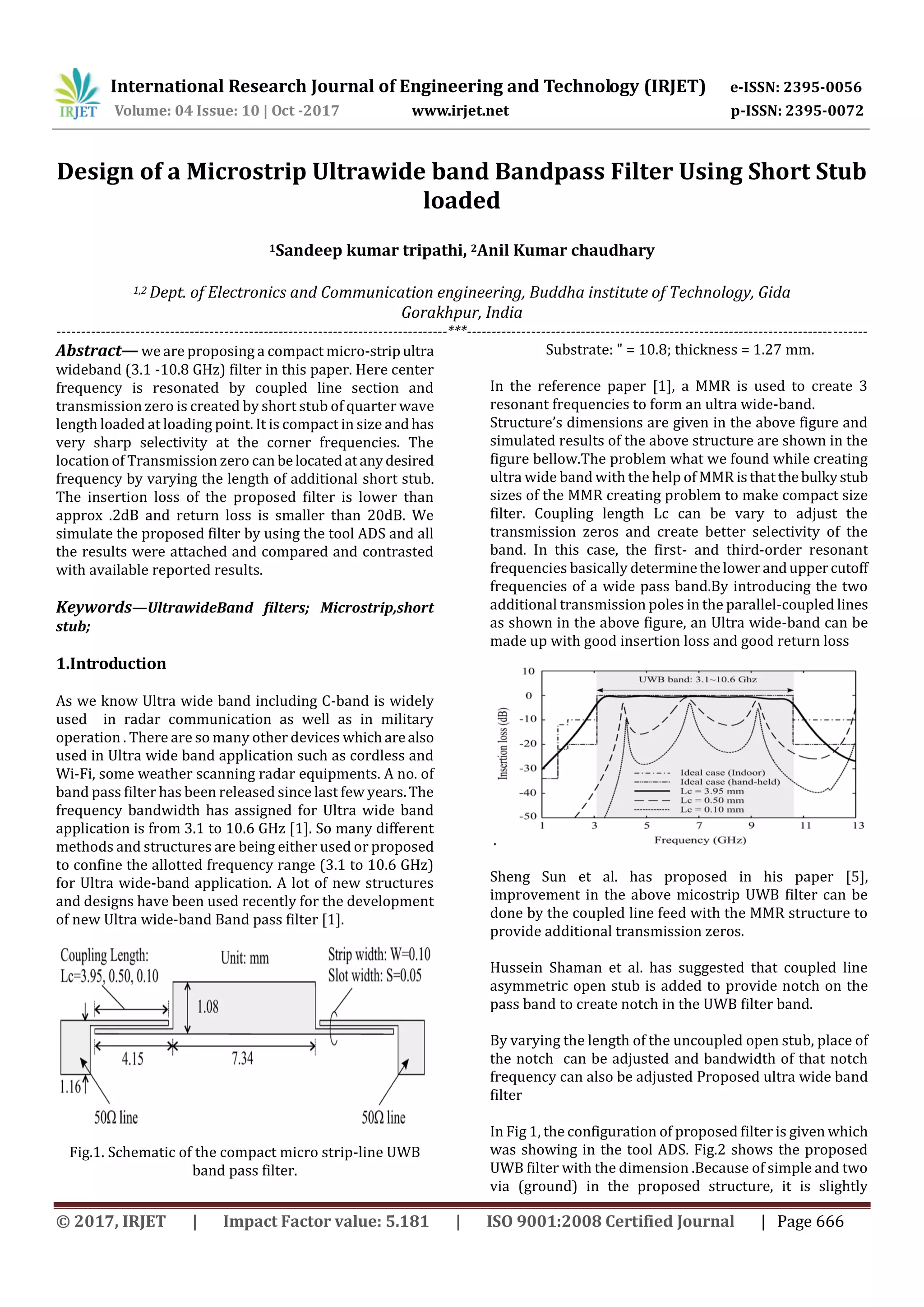 Design of a Microstrip Ultrawide Band Bandpass Filter using Short Stub Loaded | PDF