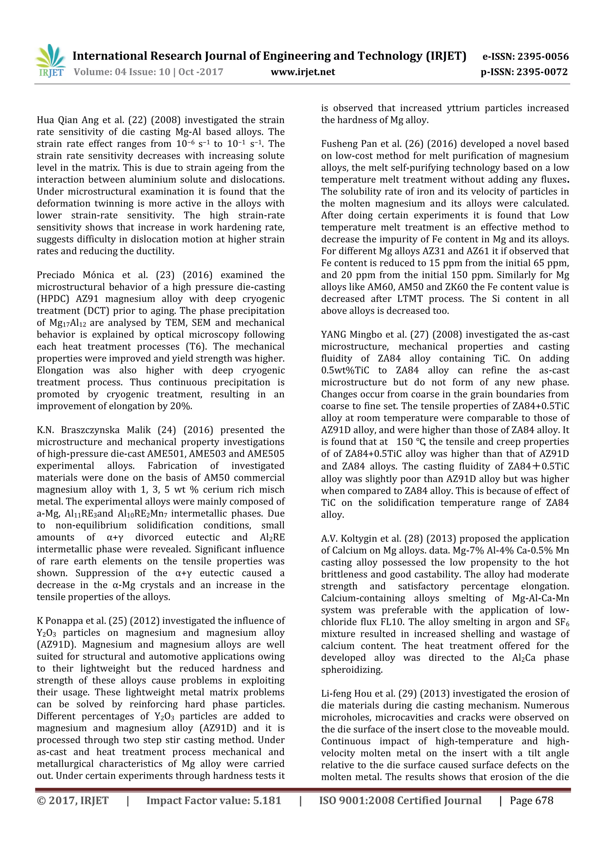 Magnesium Alloy Casting Technology for Automotive Applications- A ...