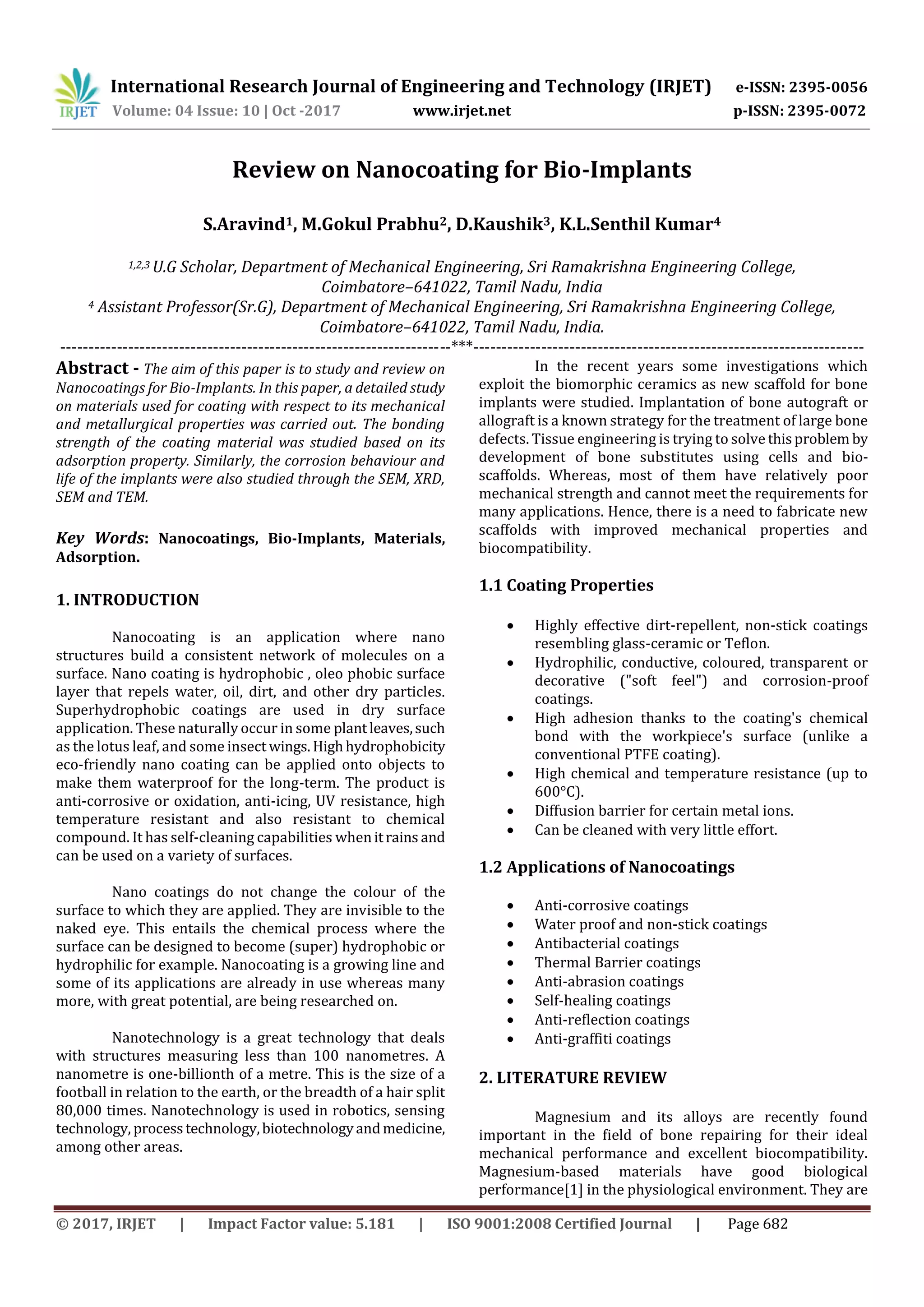 Review on Nanocoating for Bio-Implants | PDF | Chemistry | Science