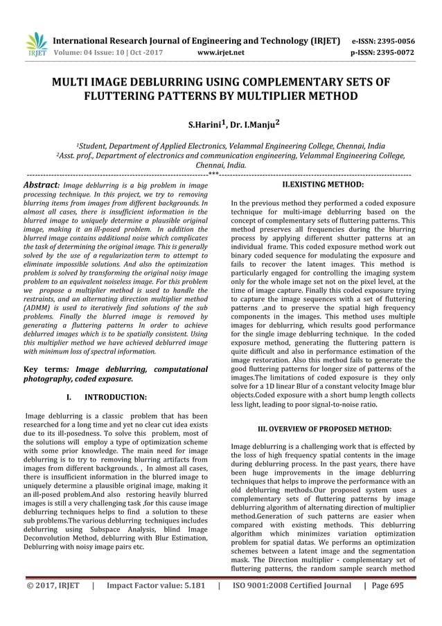 Multi Image Deblurring using Complementary Sets of Fluttering Patterns by Multiplier Method | PDF