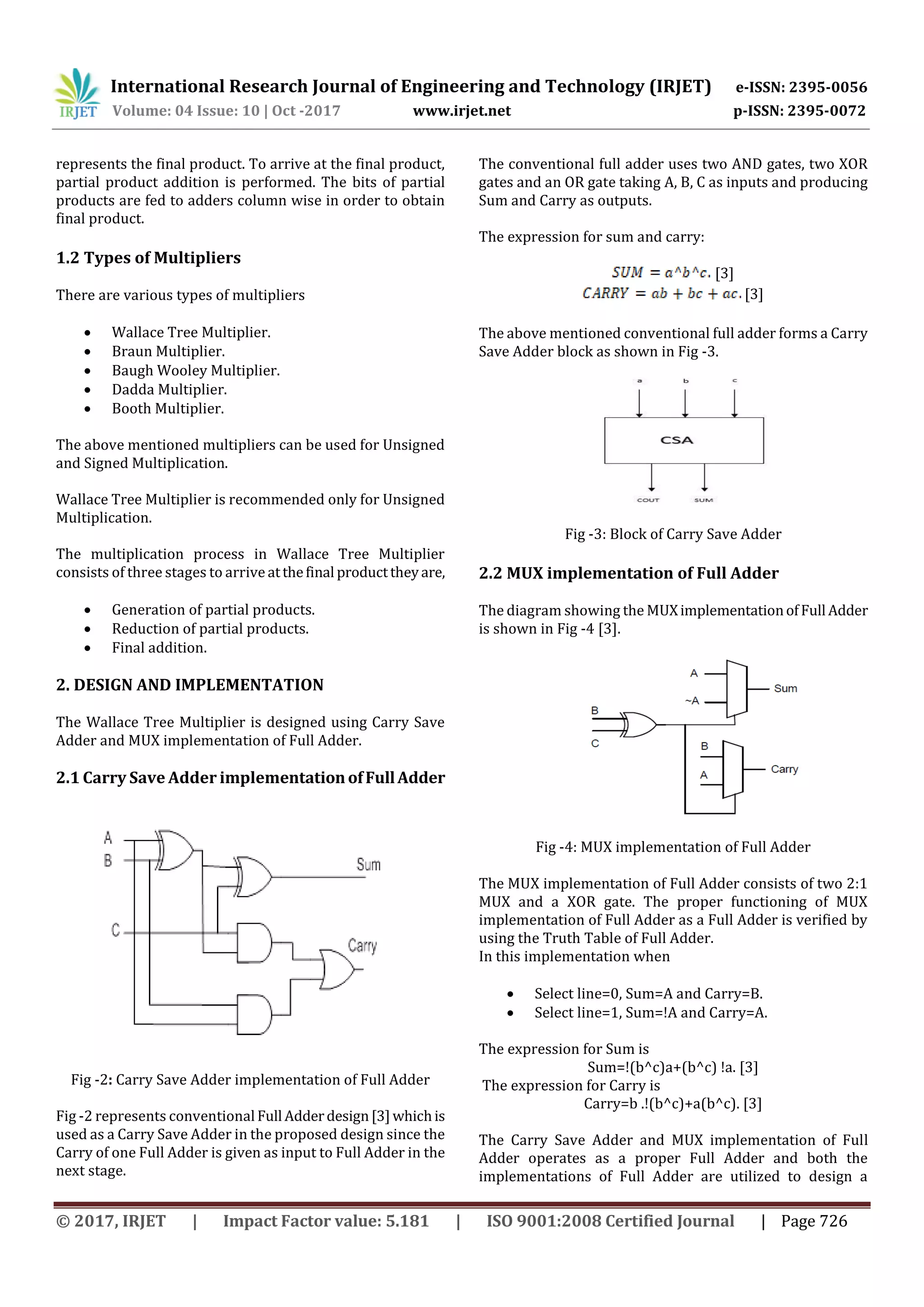 Design of Wallace Tree Multiplier using 45nm Technology | PDF