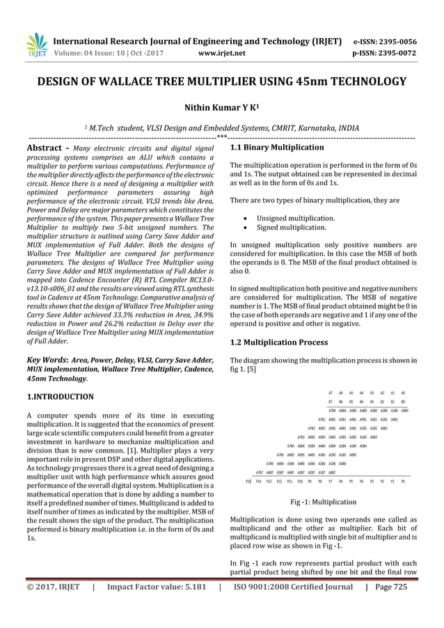 Design of Wallace Tree Multiplier using 45nm Technology | PDF