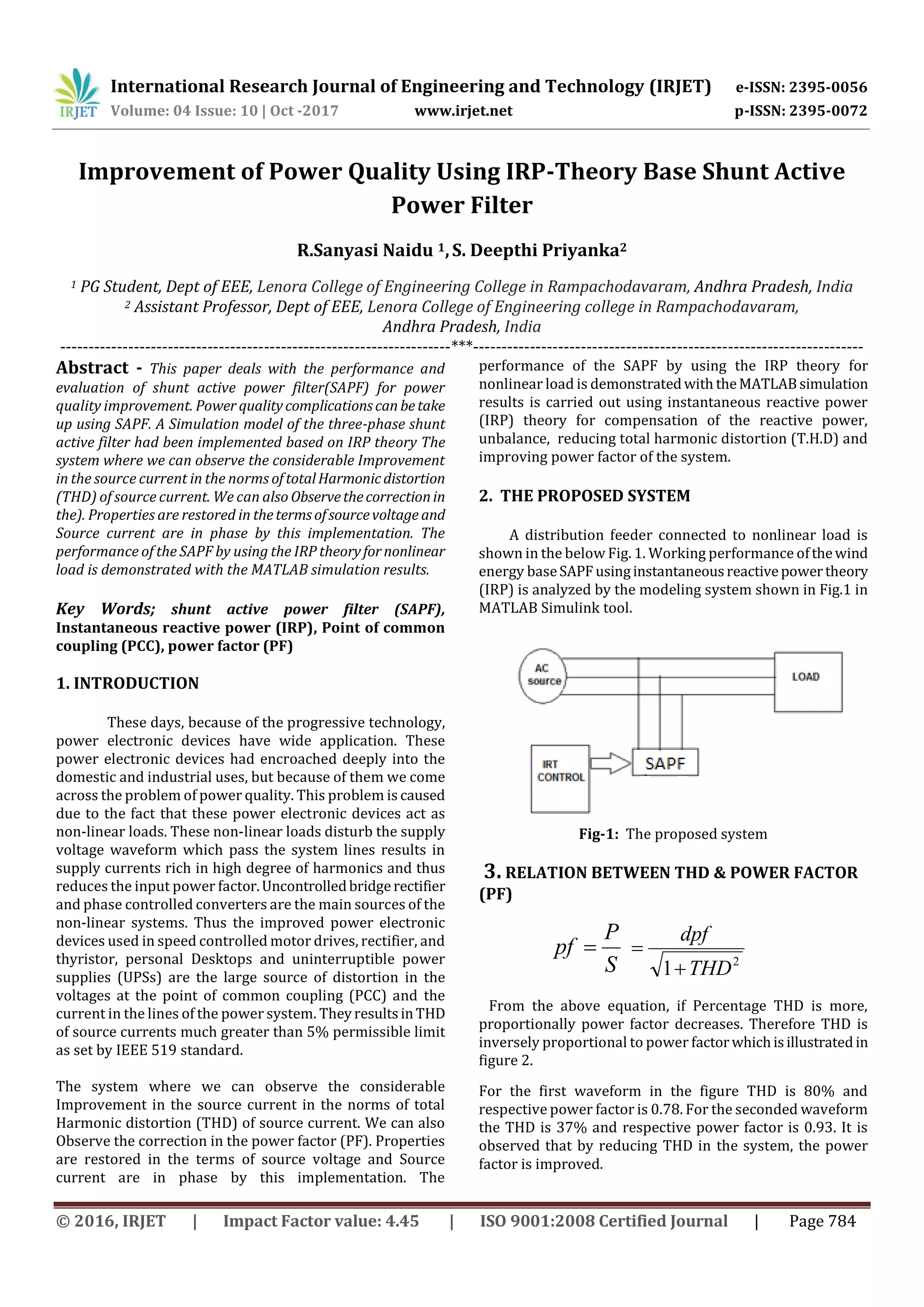 Improvement of Power Quality using IRP-Theory Base Shunt Active Power Filter | PDF