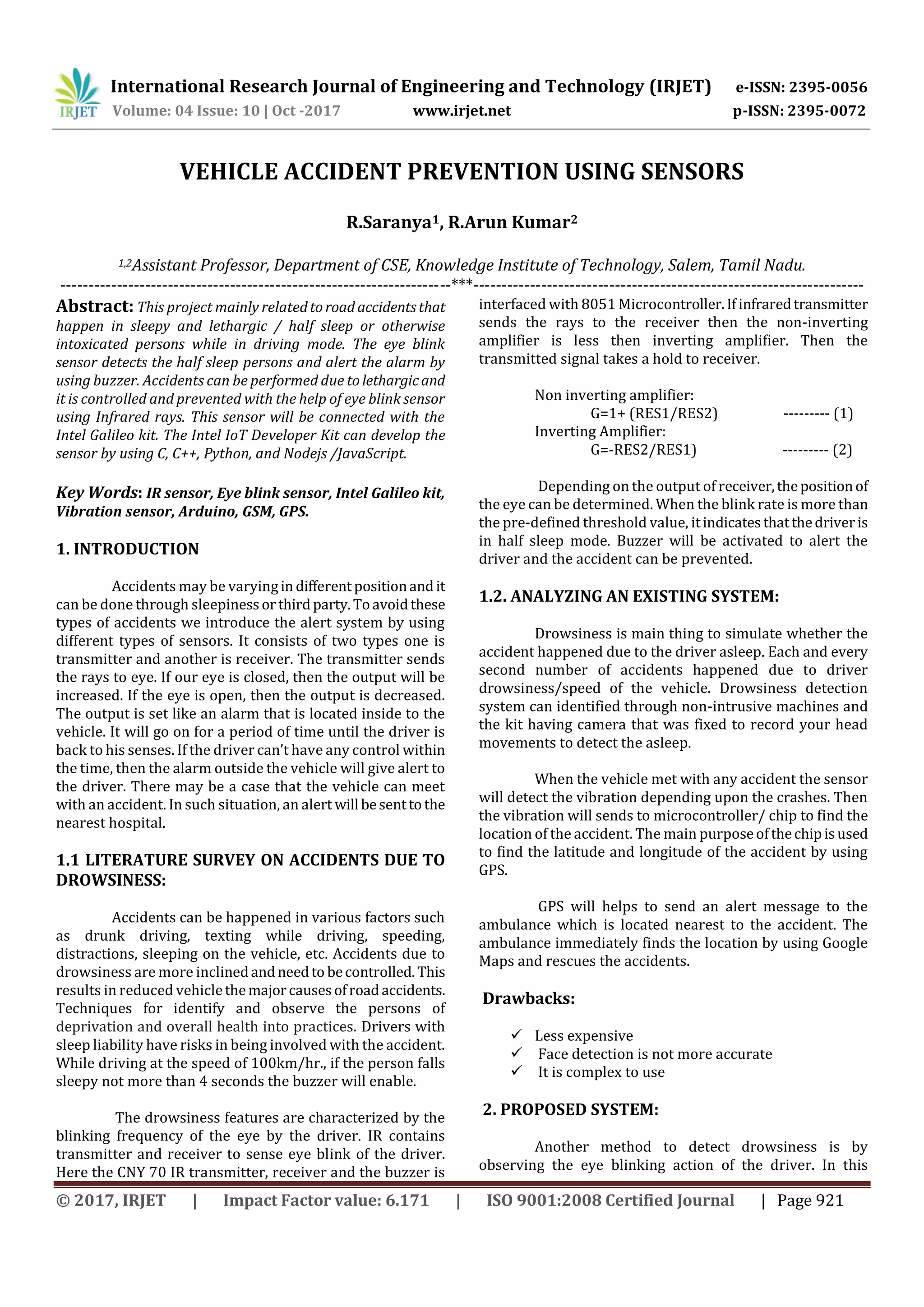 Vehicle Accident Prevention using Sensors | PDF