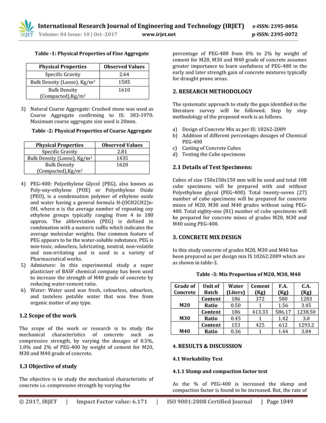 A Study on Properties of Self-Curing Concrete using Polyethylene Glycol-400 | PDF