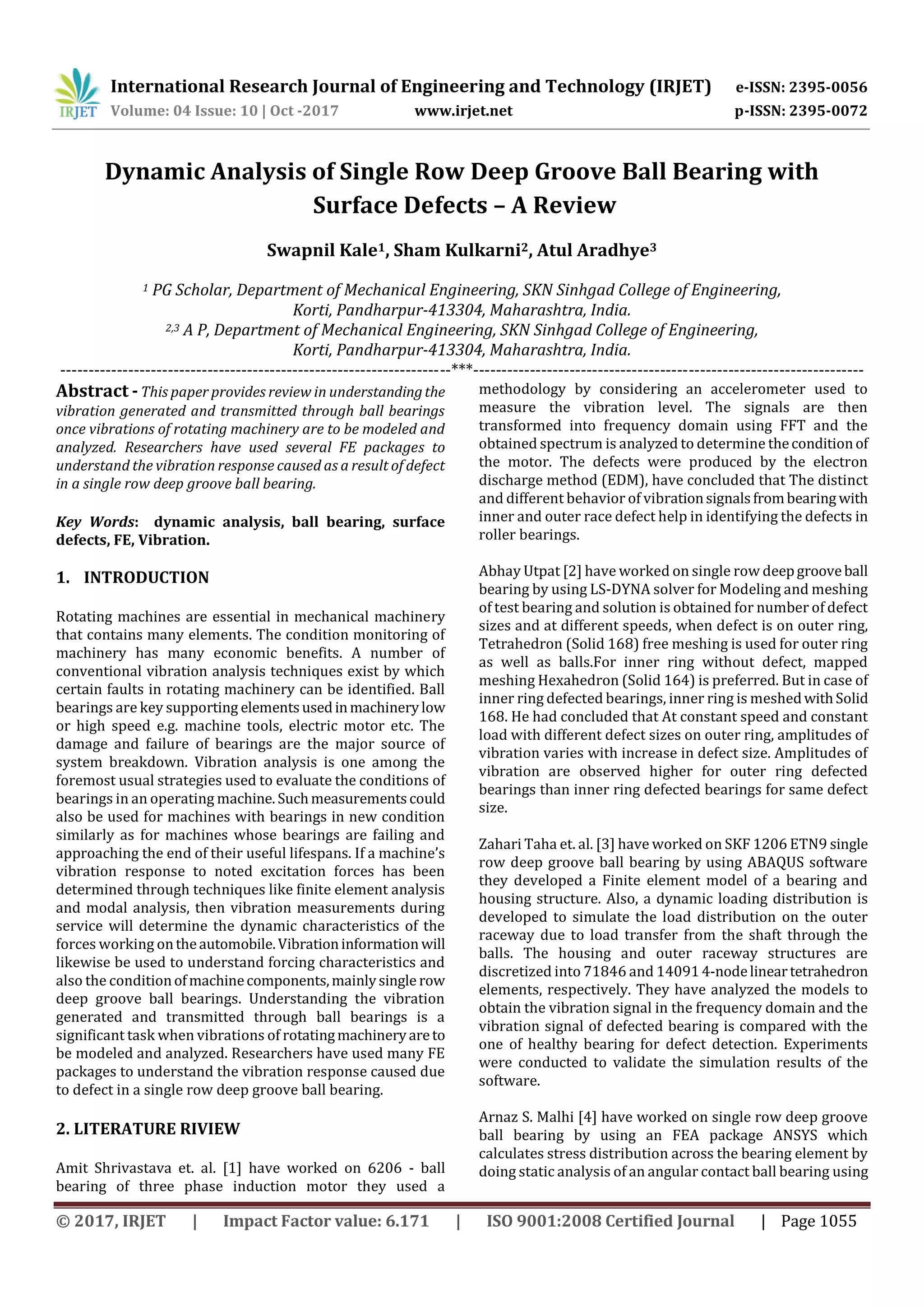 Dynamic Analysis of Single Row Deep Groove Ball Bearing with Surface ...